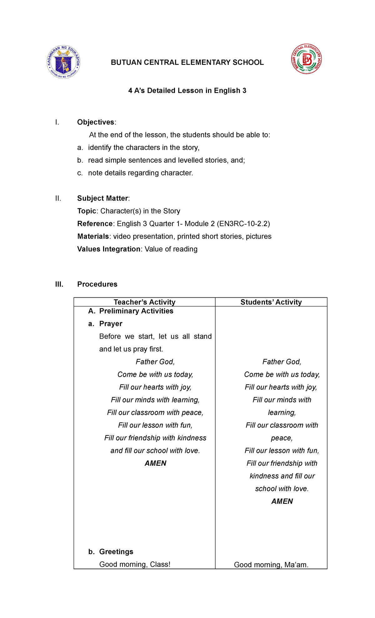 DLP 4 A's (English) - CHARACTERS IN THE STORY - BUTUAN CENTRAL ...