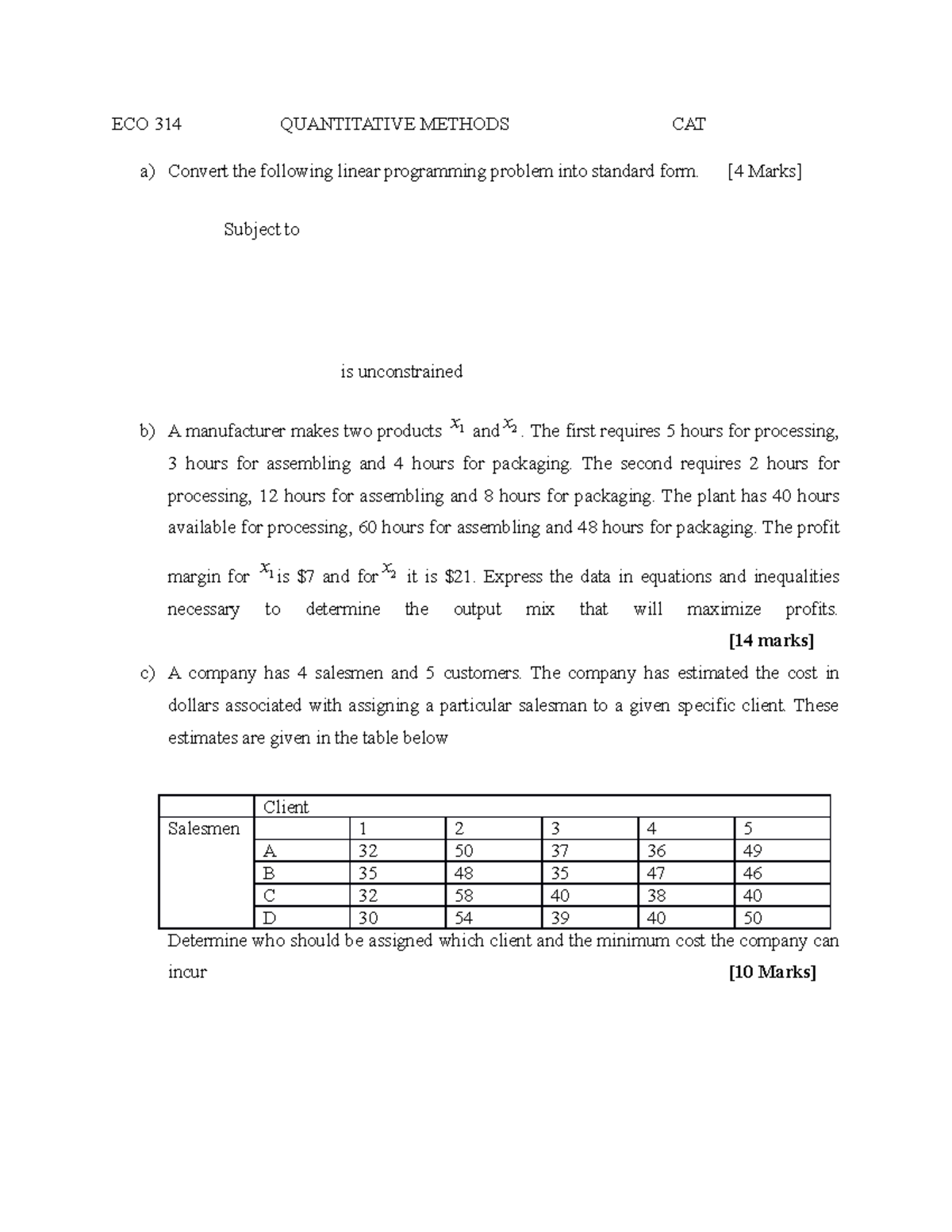 ECO 314 Quantitative Methods CAT - ECO 314 QUANTITATIVE METHODS CAT a ...