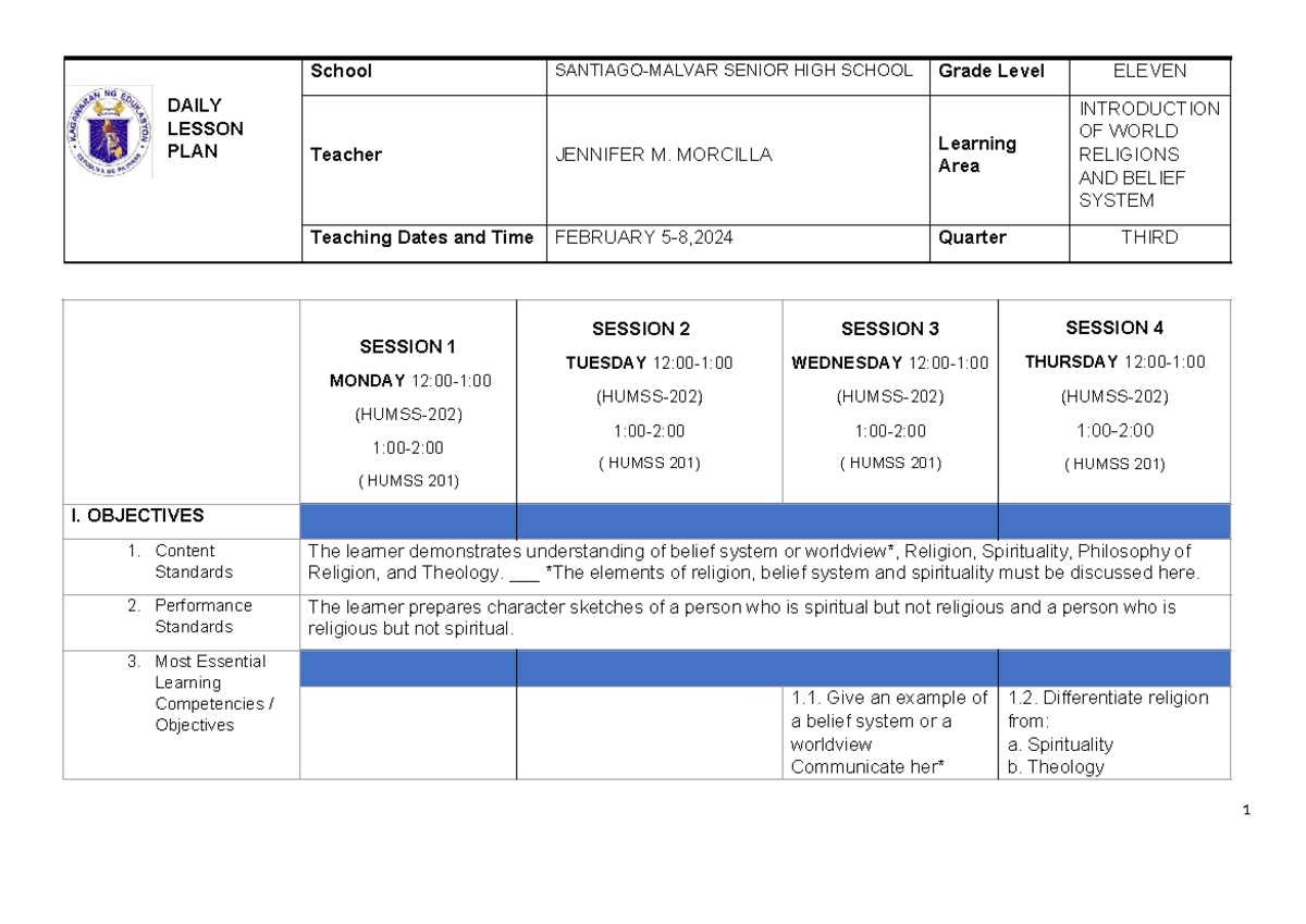 Introduction OF Wolrd Religion AND Belief System-QTR 3-WEEK 1 - DAILY ...