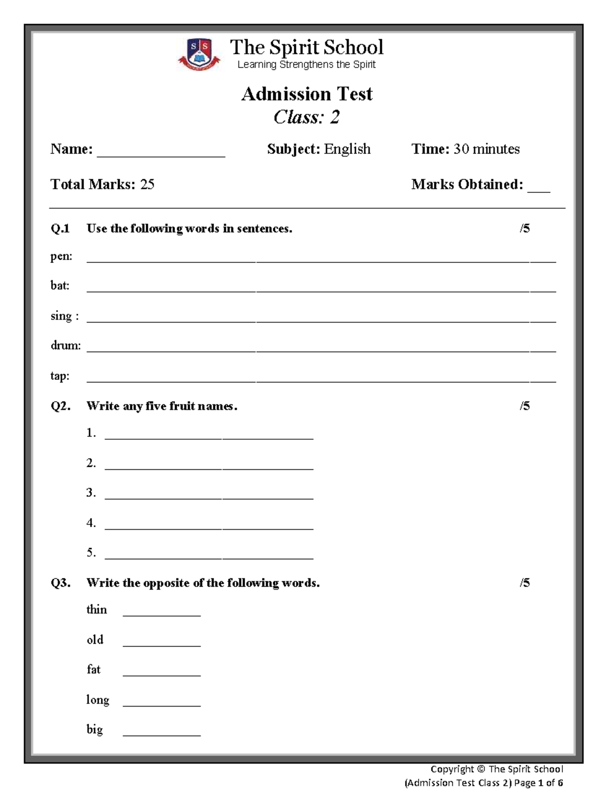 2 Class, Admission Test - Admission Test Class: 2 Name ...