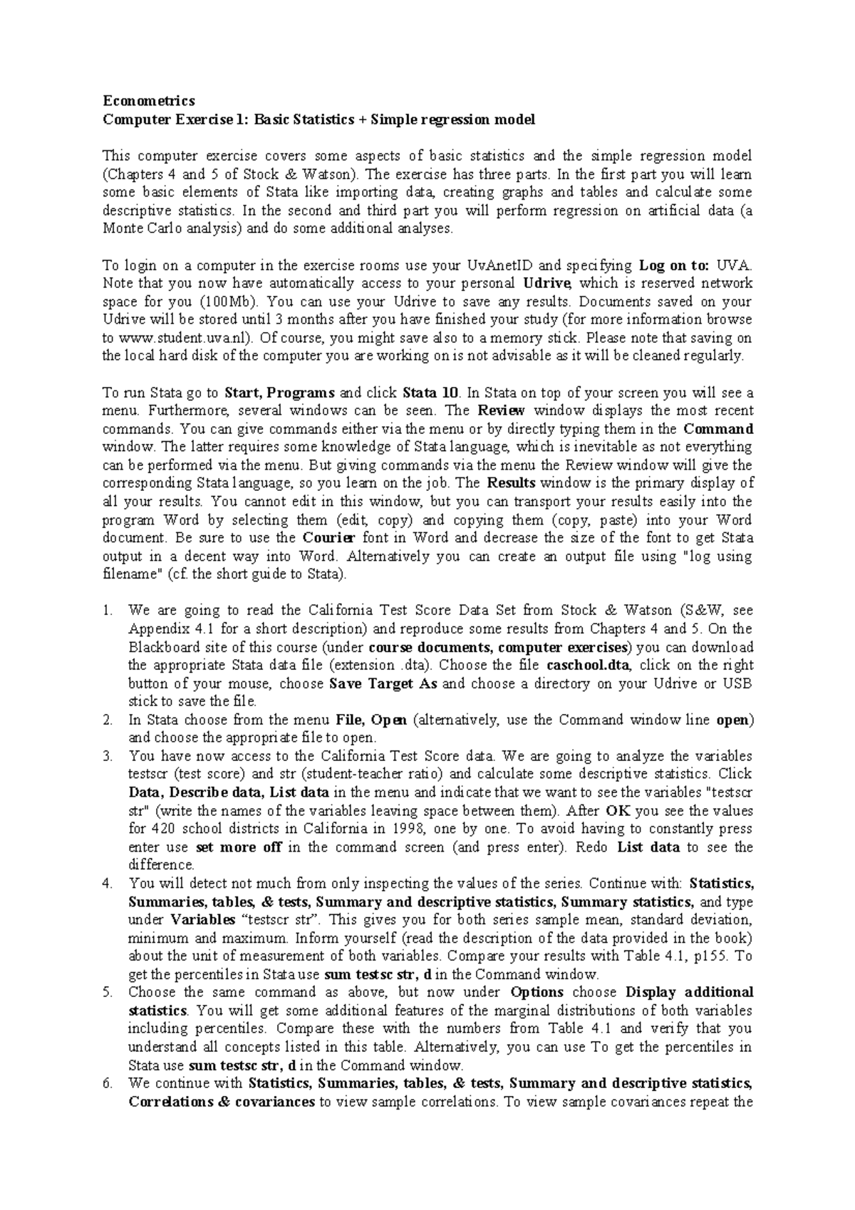 Practicum Econometrics Computer Exercises 1 5 Econometrics Computer Exercise 1 Basic