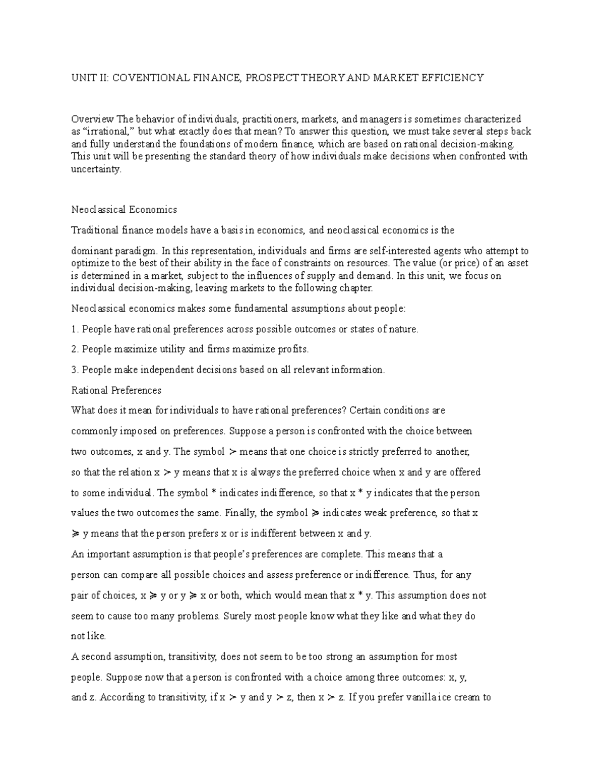 UNIT II - Conventional Finance, Prospect Theory AND Market - UNIT II ...