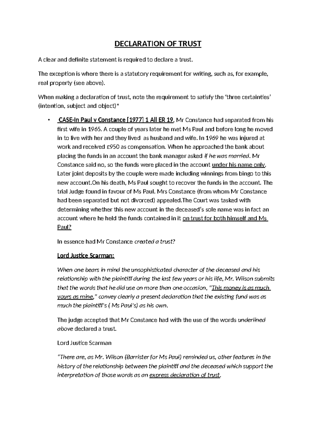 Declaration OF Trust - lecture notes - DECLARATION OF TRUST A clear and ...