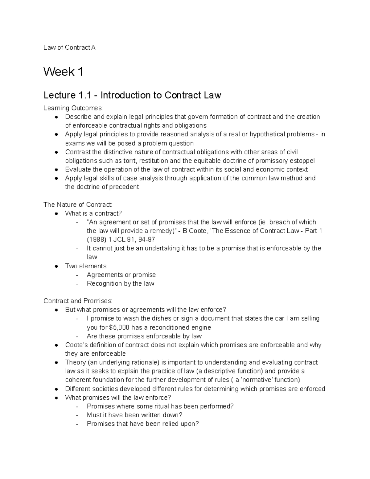 Law of Contract A - Summary of lectures, reading and seminar work for ...