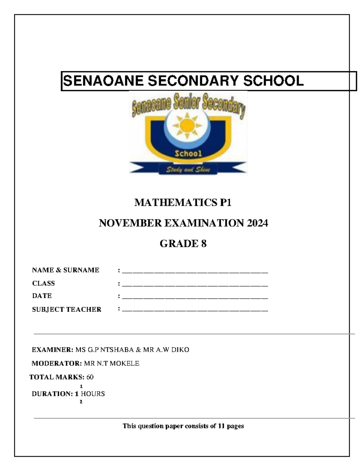 Gr8 Maths P1 2024 - Page 1 of 11 SENAOANE SECONDARY SCHOOL MATHEMATICS ...