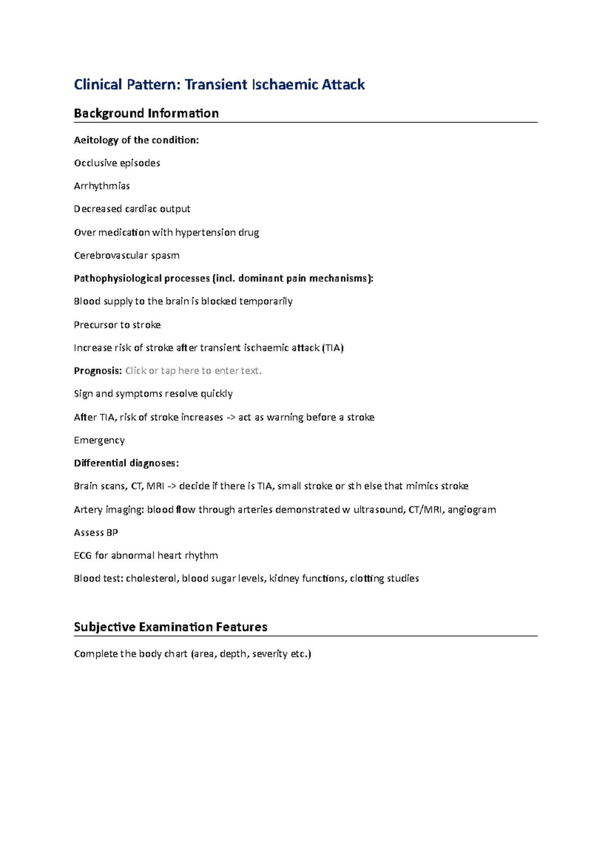 Clinical Pattern Template - Transient ischaemic attack - Clinical ...