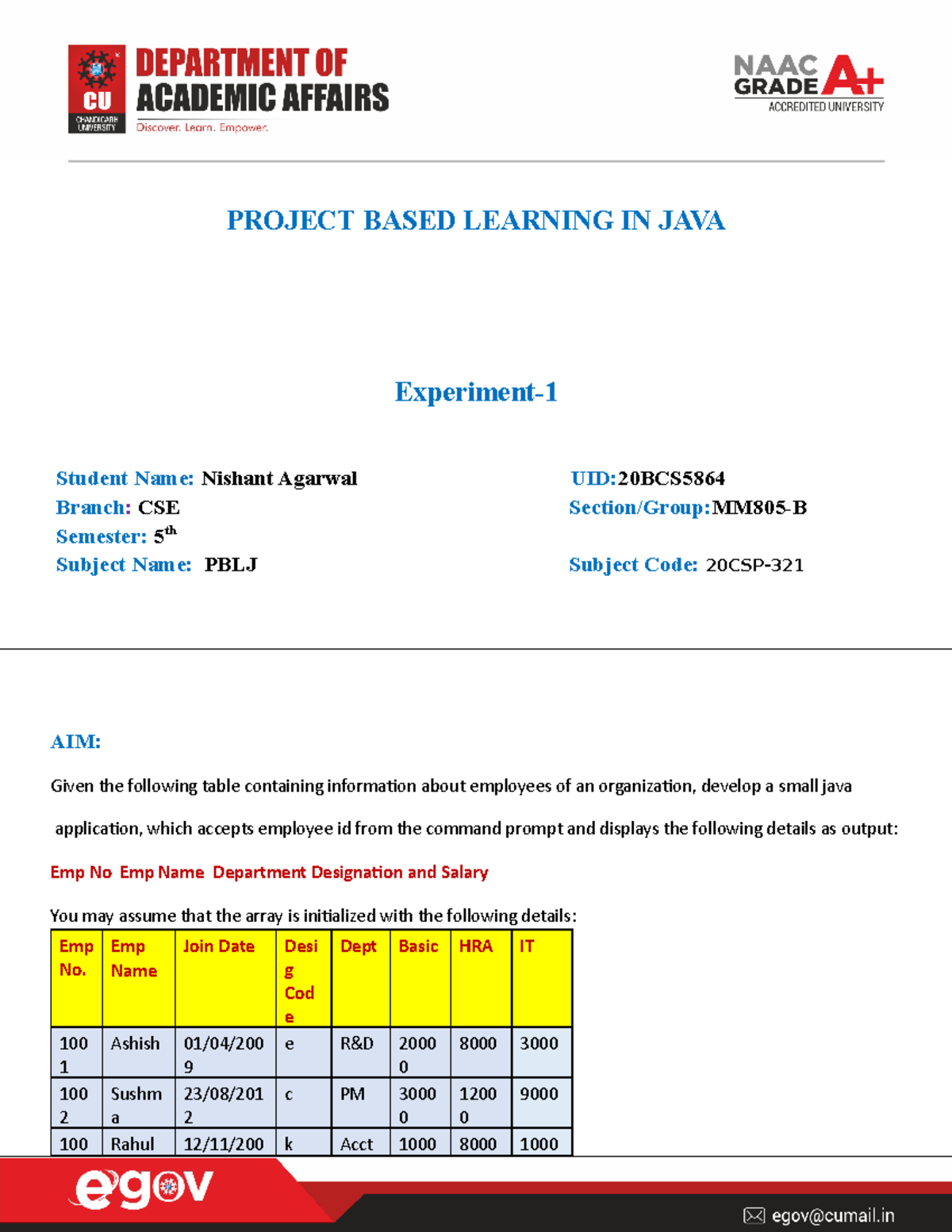 20BCS5881 Nishant Agarwal EXP 1 - PROJECT BASED LEARNING IN JAVA ...