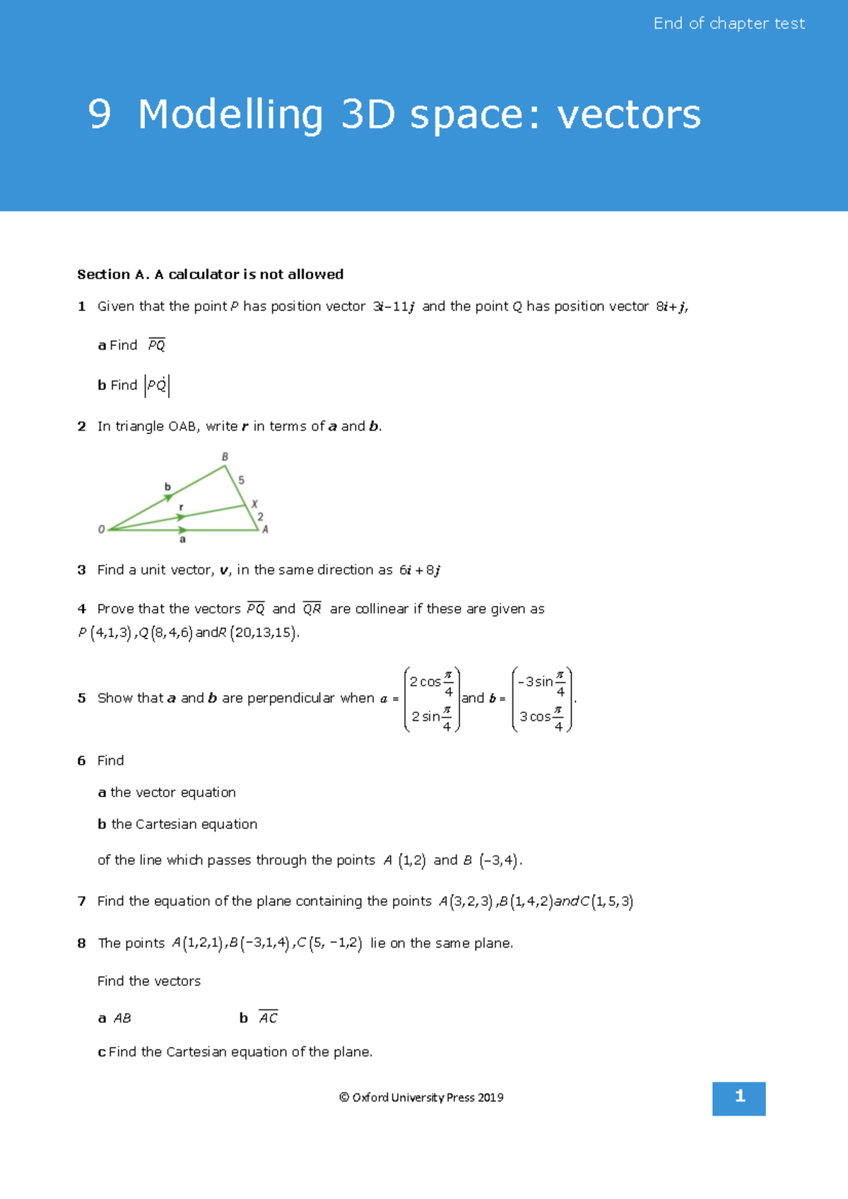 Vectors chapter summary - 9 Modelling 3D space: vectors Section A. A ...
