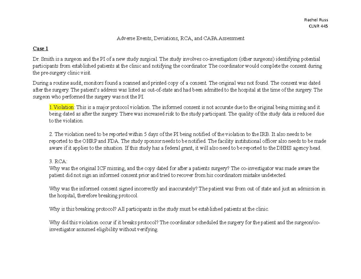 Adverse Events Deviations RCA and CAPA Assessment - Studocu