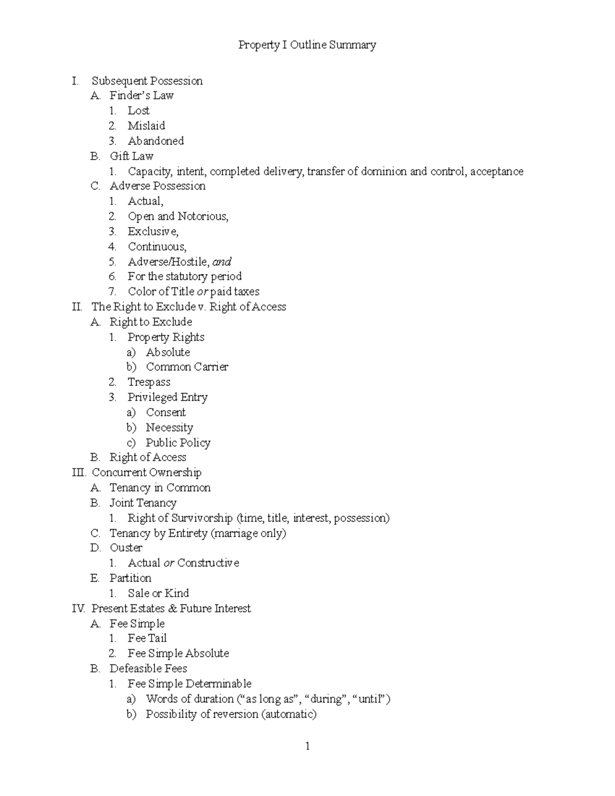 Property I Overview - Property I Outline Summary I. Subsequent ...
