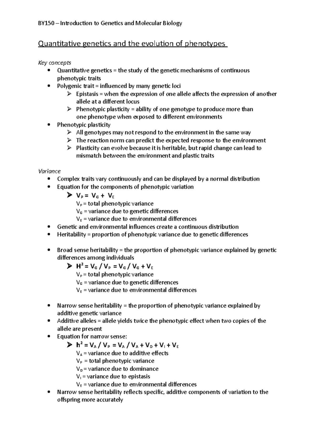 Quantitative genetics and the evolution of phenotypes - BY150 ...