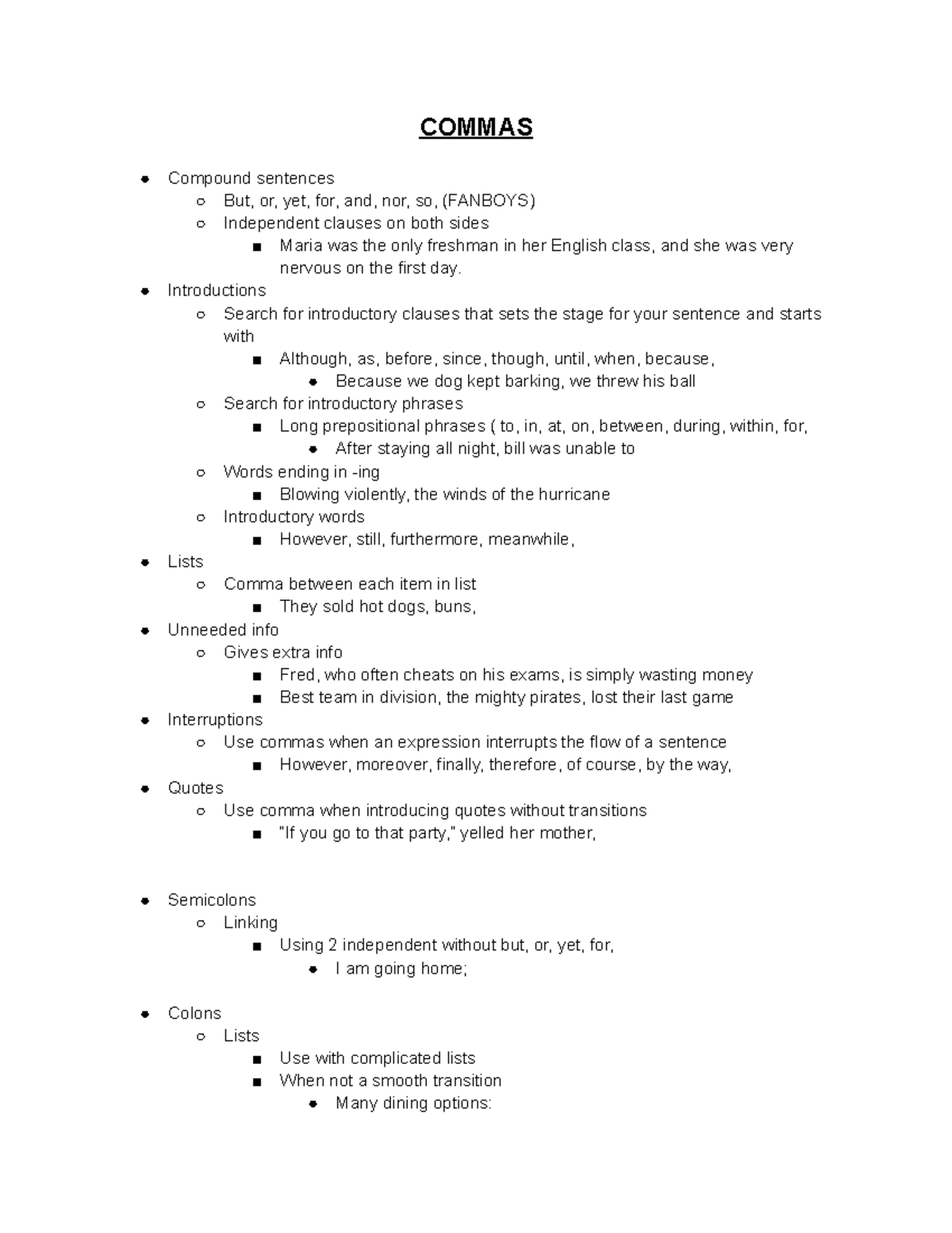 Commas Lecture Notes - COMMAS Compound sentences But, or, yet, for, and ...