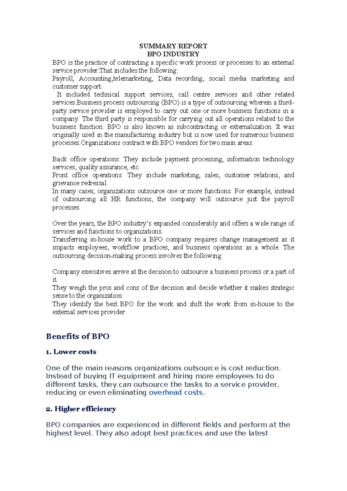 Summary Report BPO - summaries for BPO - SUMMARY REPORT BPO INDUSTRY ...