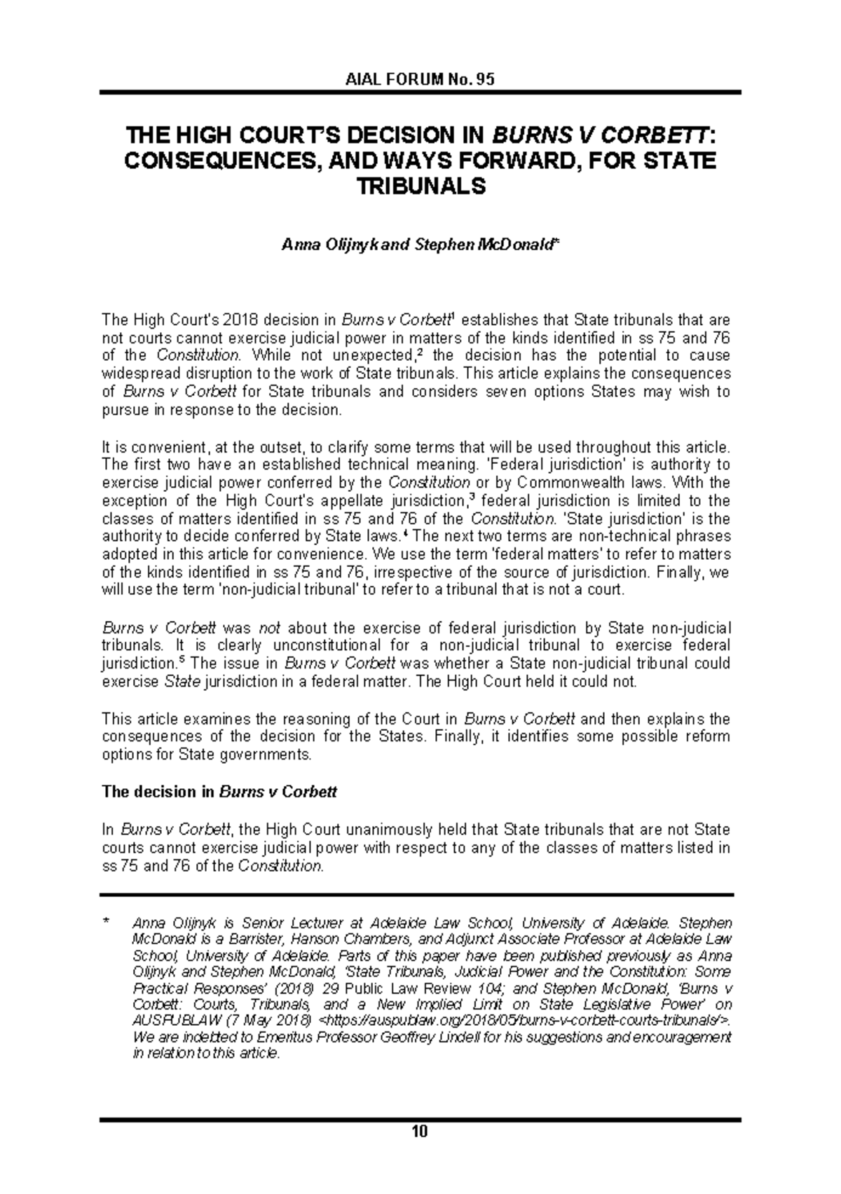 Burn v Corbett - case law - THE HIGH COURT’S DECISION IN BURNS V ...