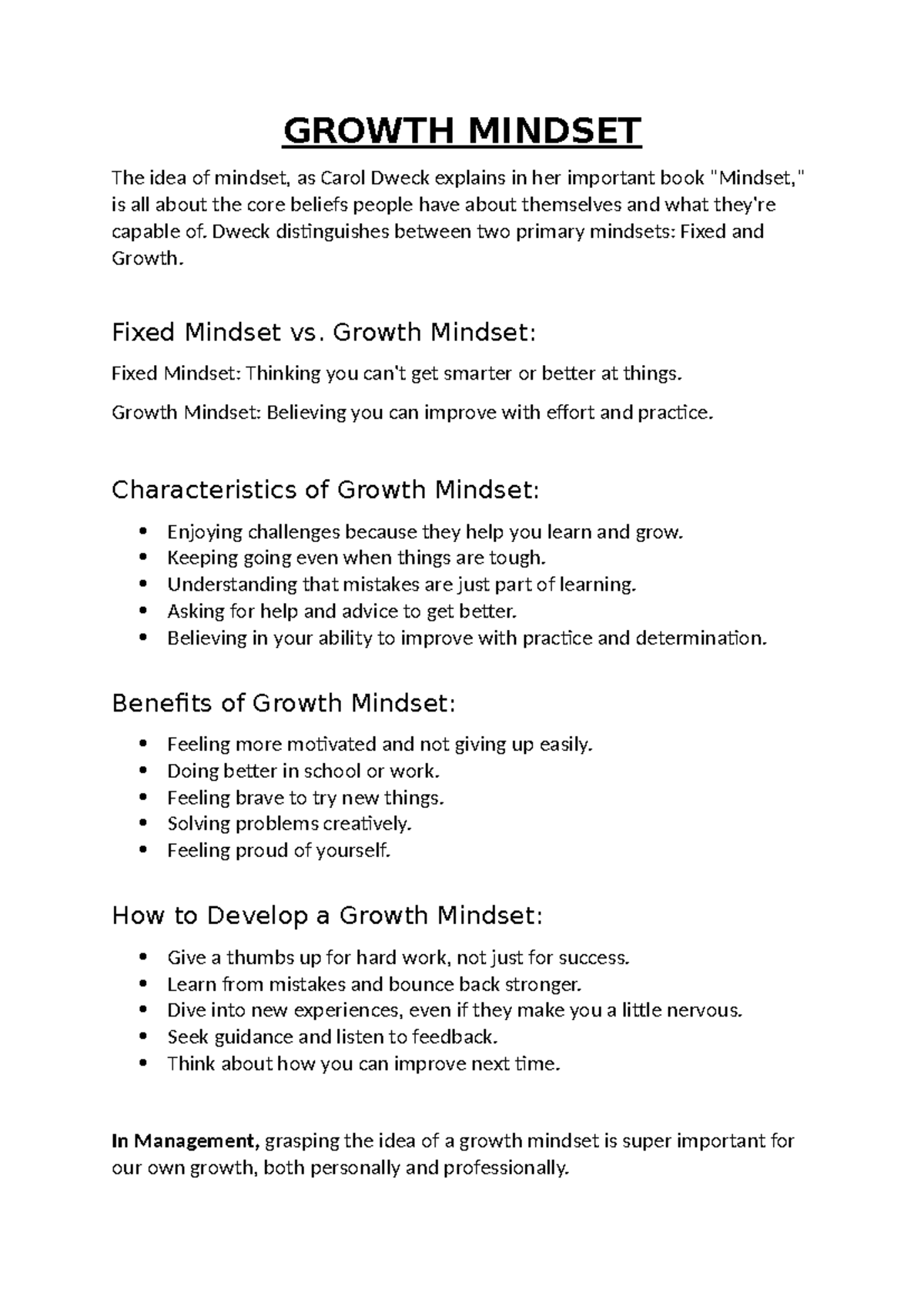 Growth Minset - Summary Mindset - GROWTH MINDSET The idea of mindset ...