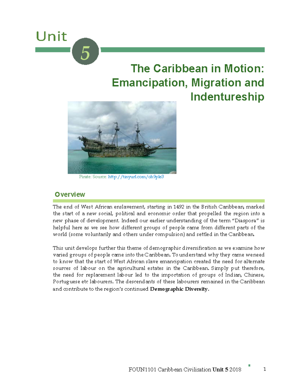 FOUN1101 Unit 5 - dslfmle.dmf;r.d - Unit 5 The Caribbean in Motion: Emancipation, Migration and ...