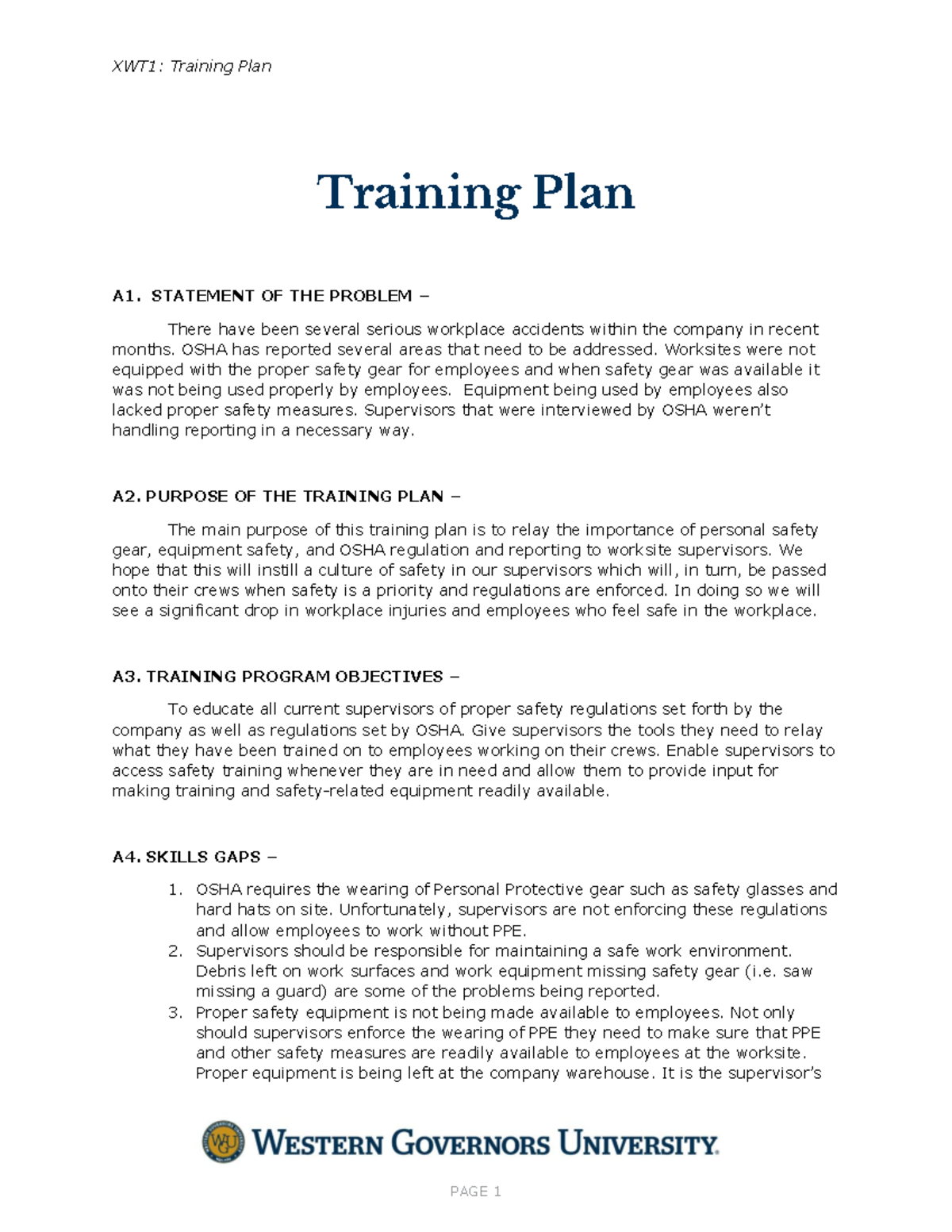 Training and Development Task 1 - Training Plan A1. STATEMENT OF THE ...