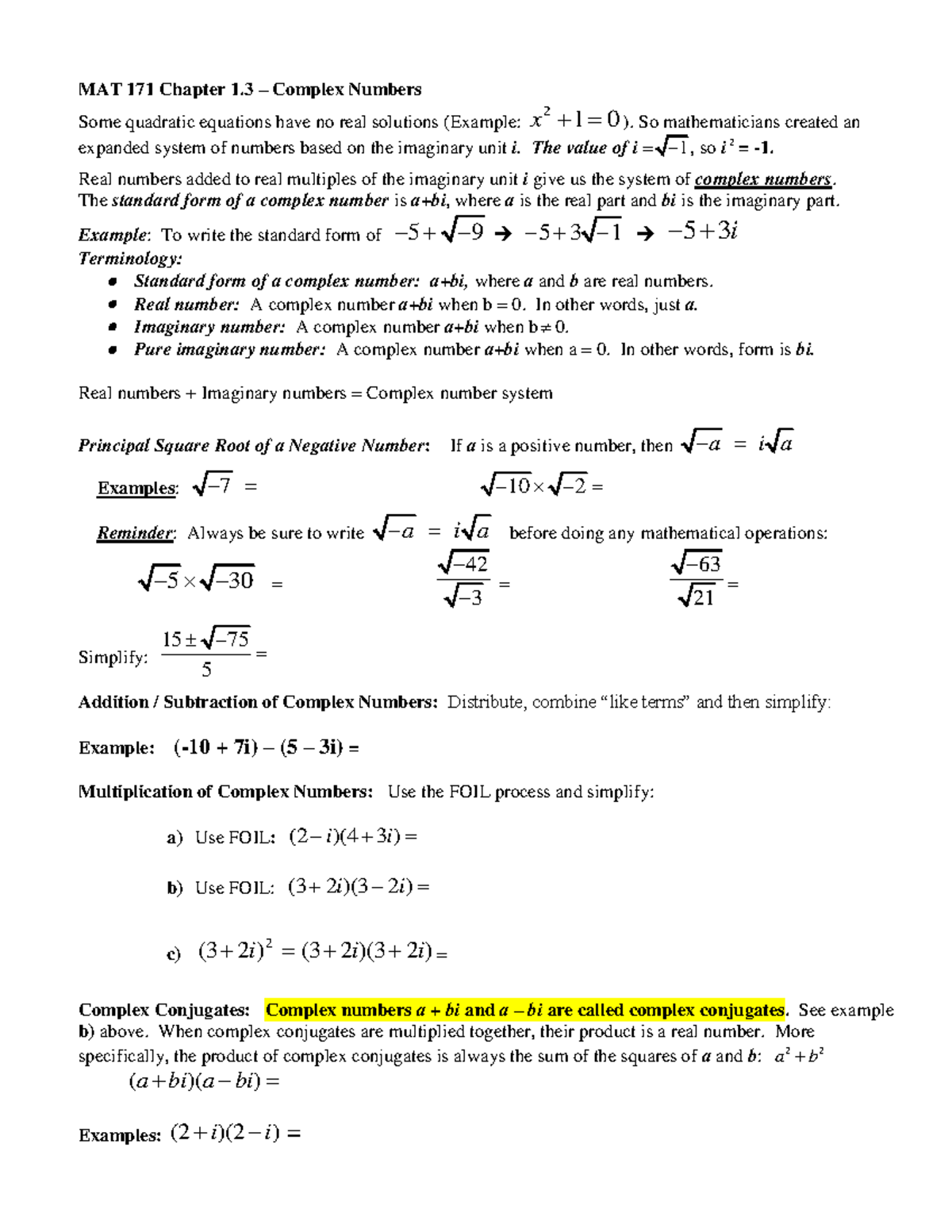 MAT 171 Chapter 1.3 Outline 2019 - MAT 171 Chapter 1 – Complex Numbers ...