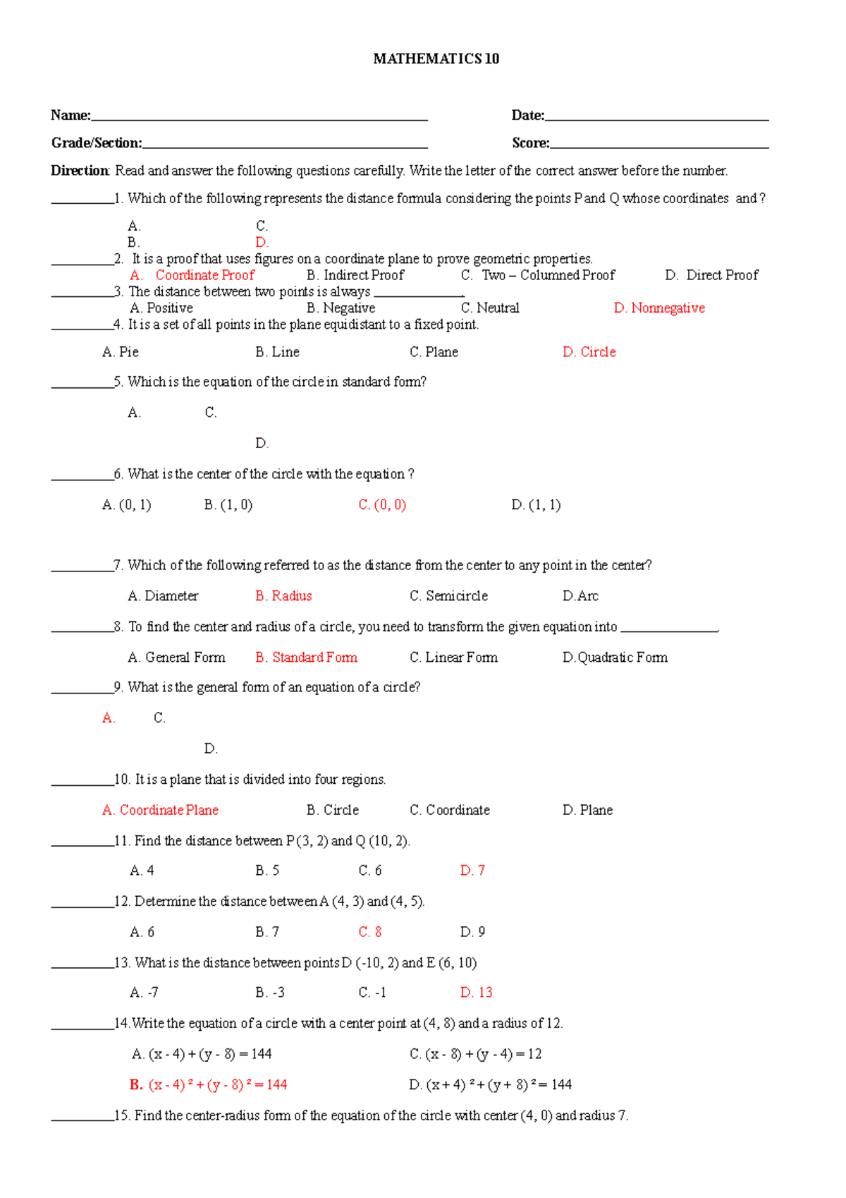 Remembering-Understanding Questions - MATHEMATICS 10 Name: Date: Grade ...