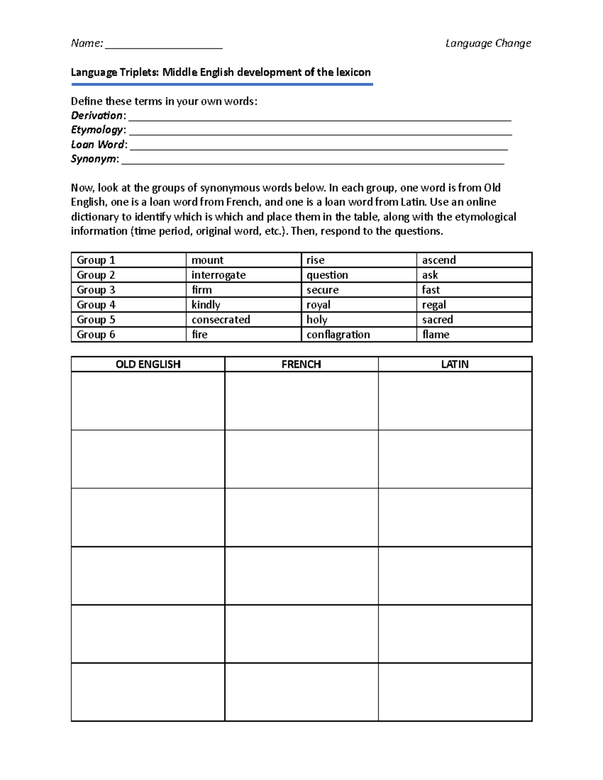 Language Triplet Activity - Name: ____________________ Language Change ...