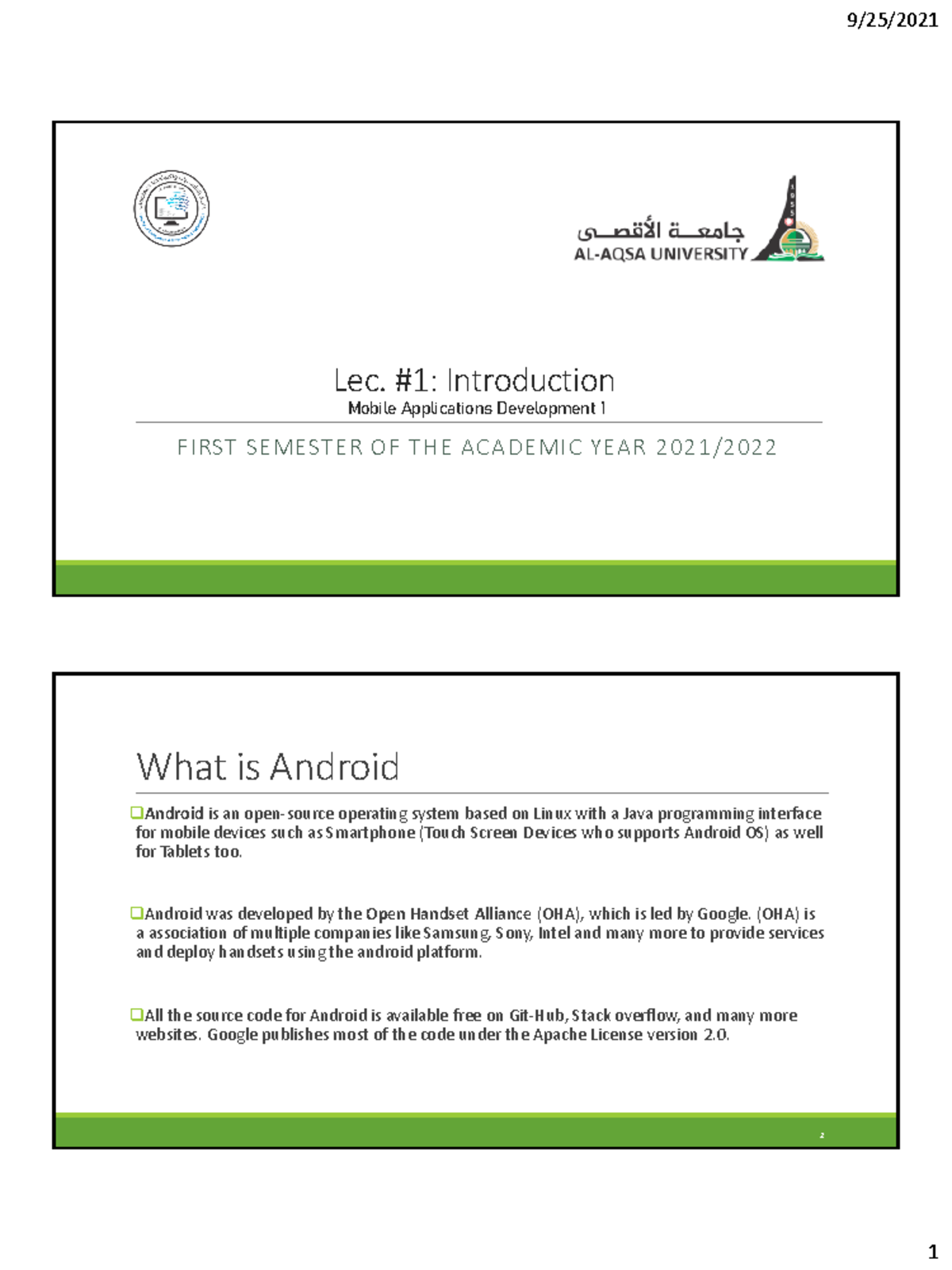 Session 1 - andriod - Lec. #1: Introduction Mobile Applications Development 1 F I RST SEM EST ER ...