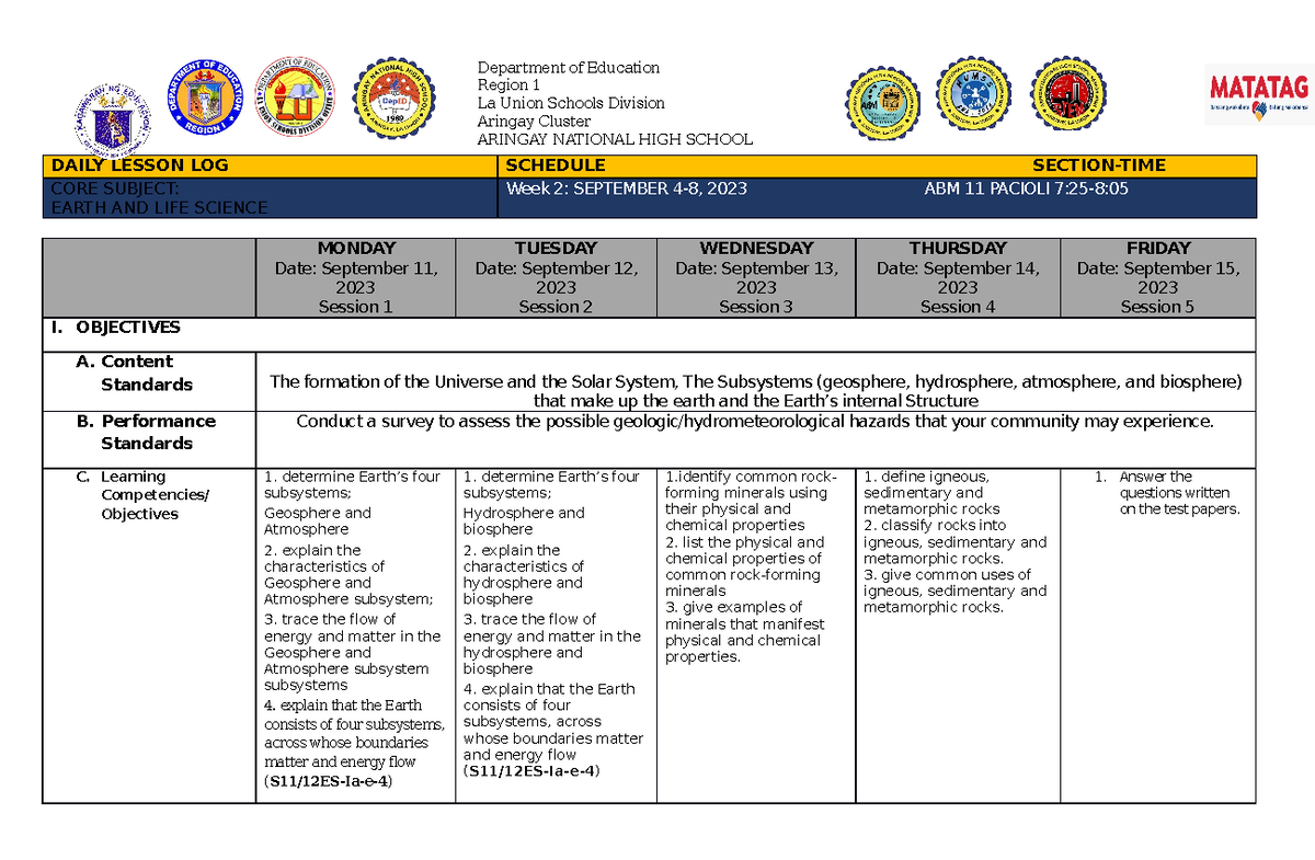 Q1 WEEK2 ELS - Lectures Notes - DAILY LESSON LOG SCHEDULE SECTION-TIME ...
