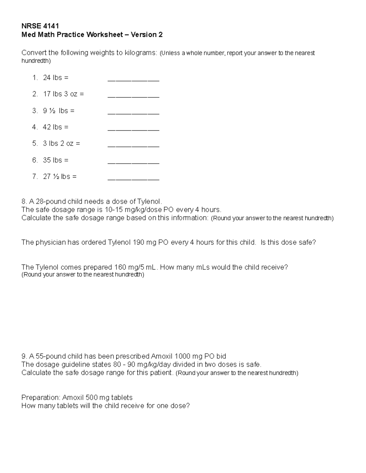 Pediatric Med Math Practice Worksheet Version 2 NRSE 4141 Med Math