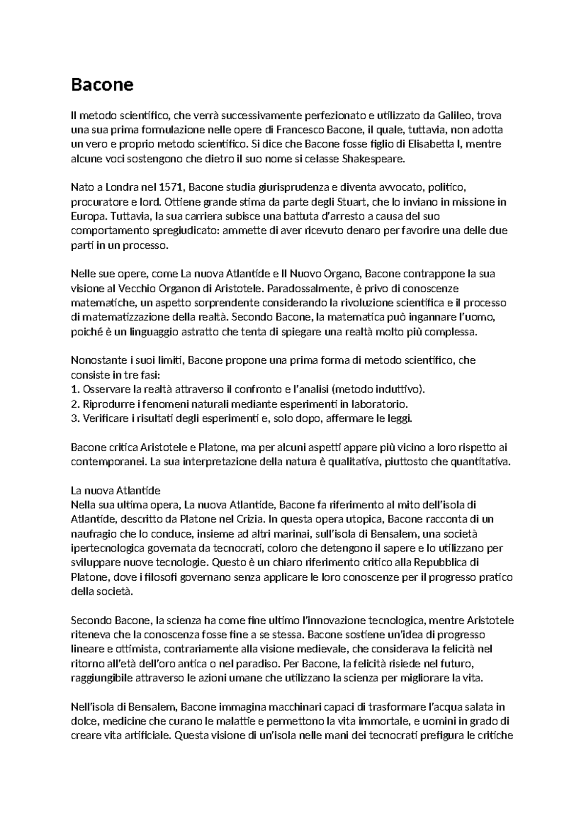 Filosofia- Bacone - Bacone Il metodo scientifico, che verrà ...