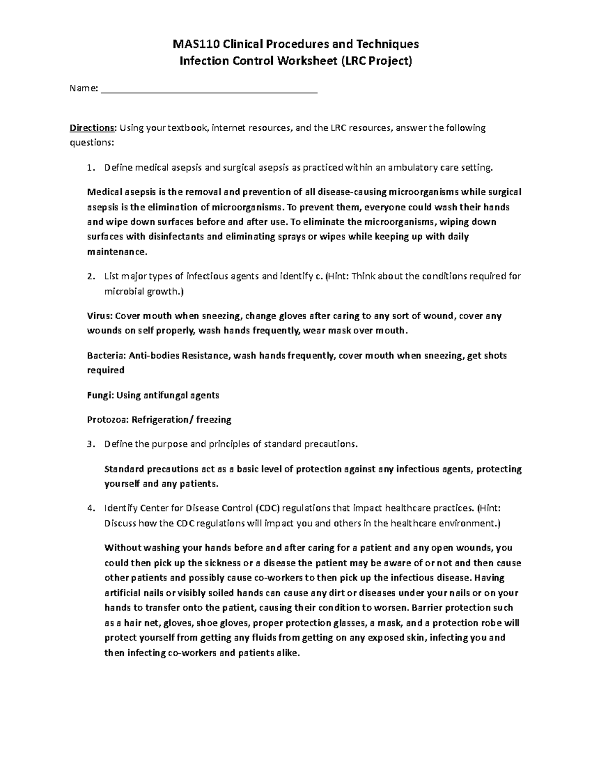 MAS110 Week 1 Infection Control Worksheet - MAS110 Clinical Procedures ...