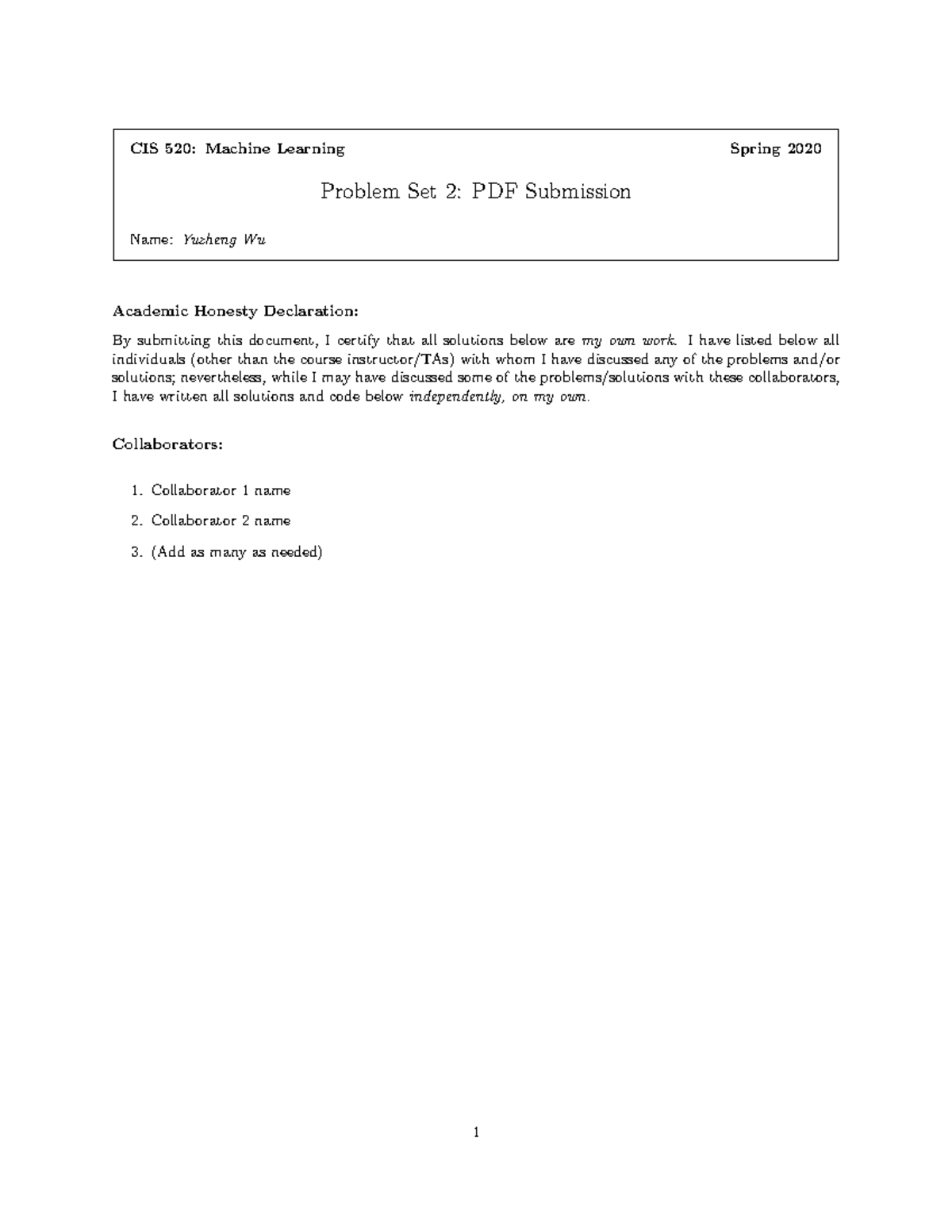 Yuzheng wu hw2 - hw2 - CIS 520: Machine Learning Spring 2020 Problem Set 2: PDF Submission - Studocu