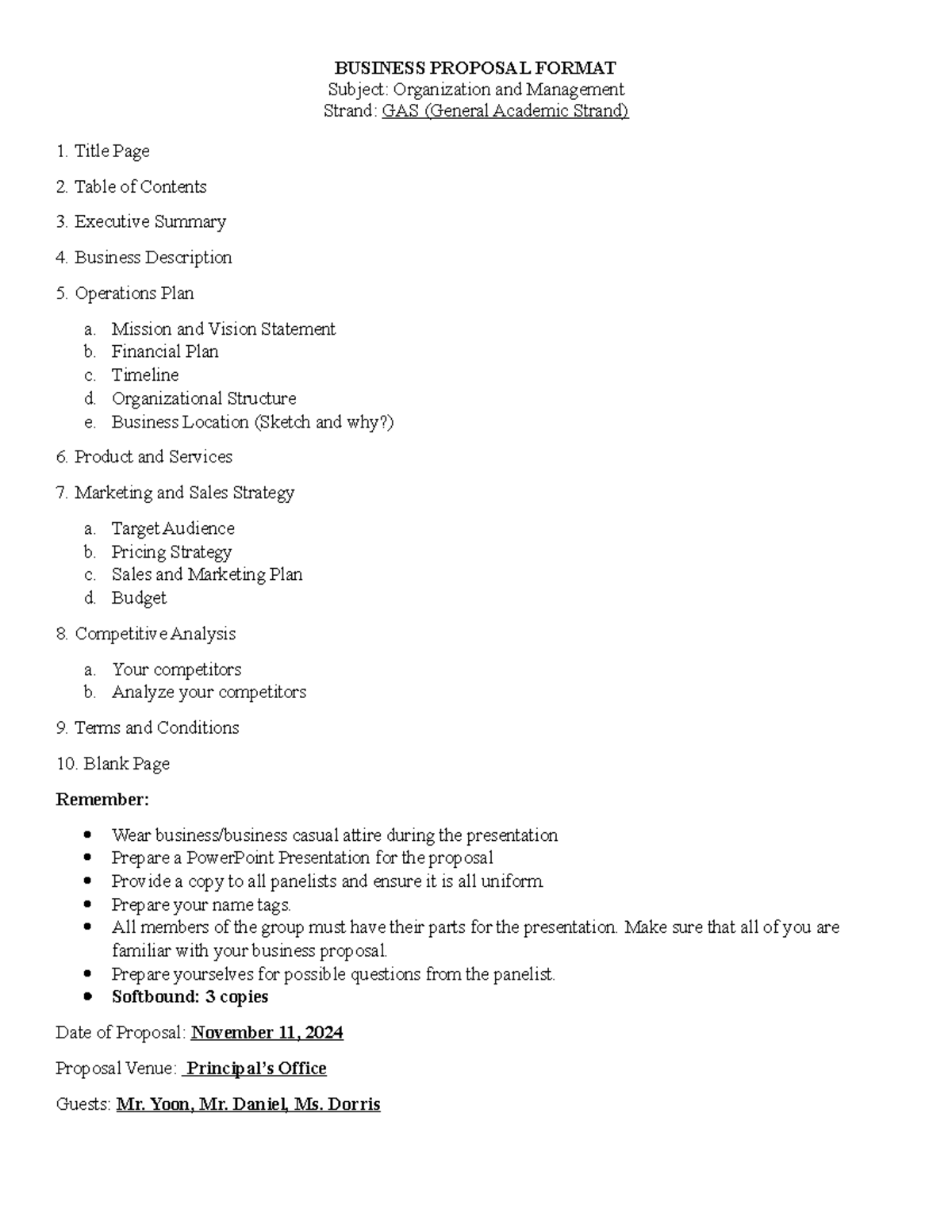 Business Proposal Format Grade 11 - BUSINESS PROPOSAL FORMAT Subject ...