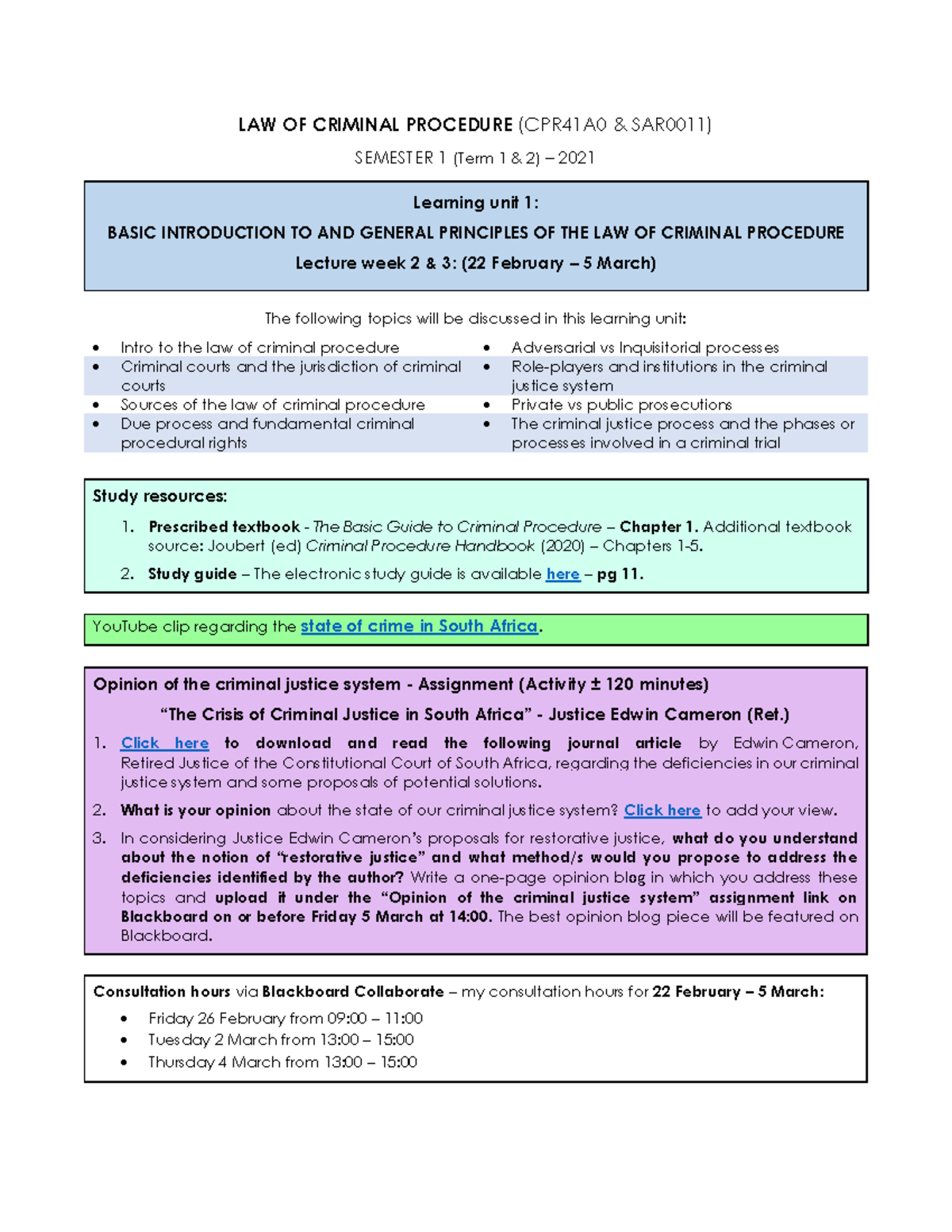 Unit 1. Learning guide - LAW OF CRIMINAL PROCEDURE (CPR41A0 & SAR0011 ...