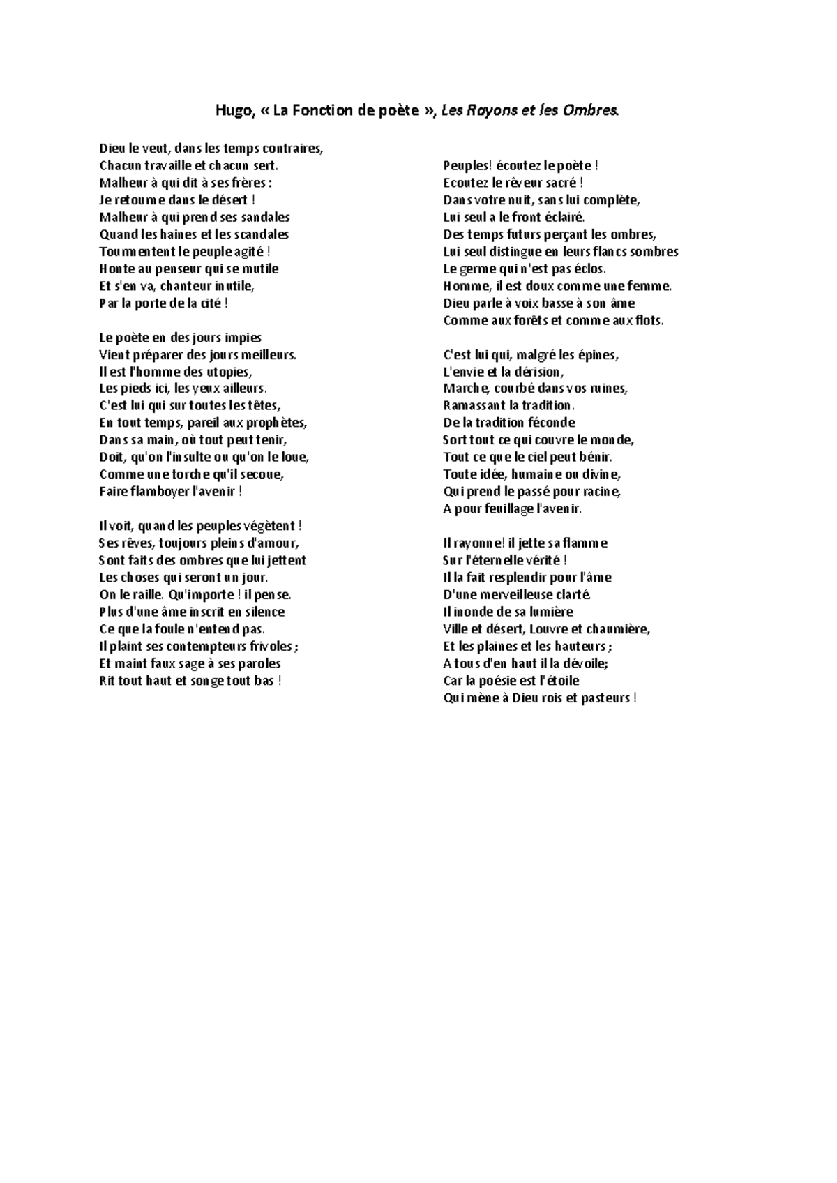 Hugo fonctions du poète - Hugo, « La Fonction de poète », Les Rayons et ...