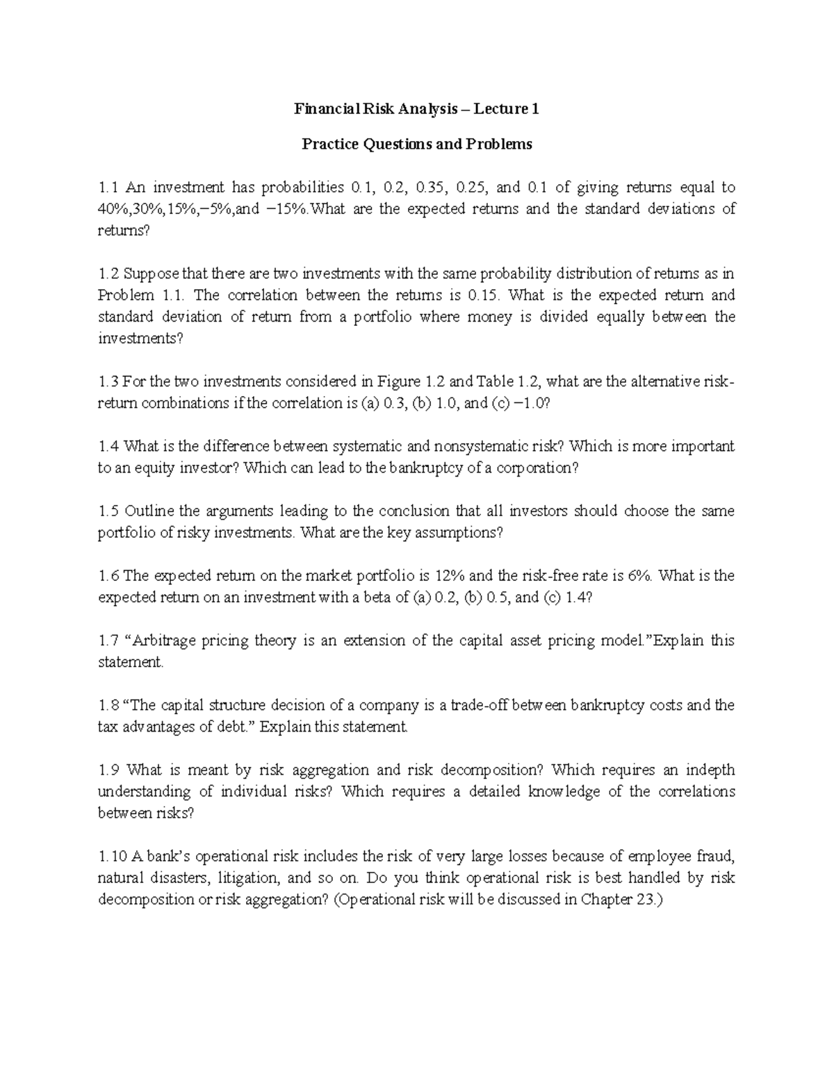 Lecture 1 - Financial Risk Analysis – Lecture 1 Practice Questions and ...