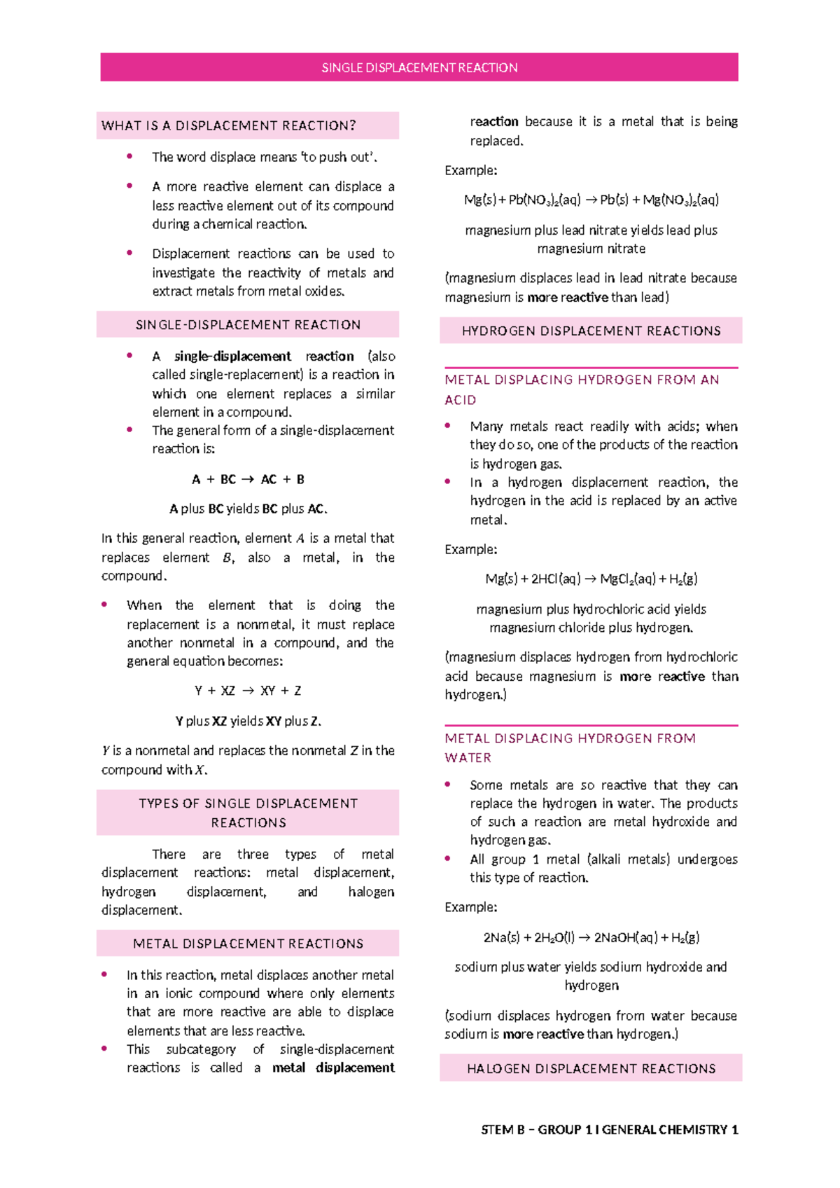 Single Displacement Reaction HAND OUT G1 Stemb - WHAT IS A DISPLACEMENT ...