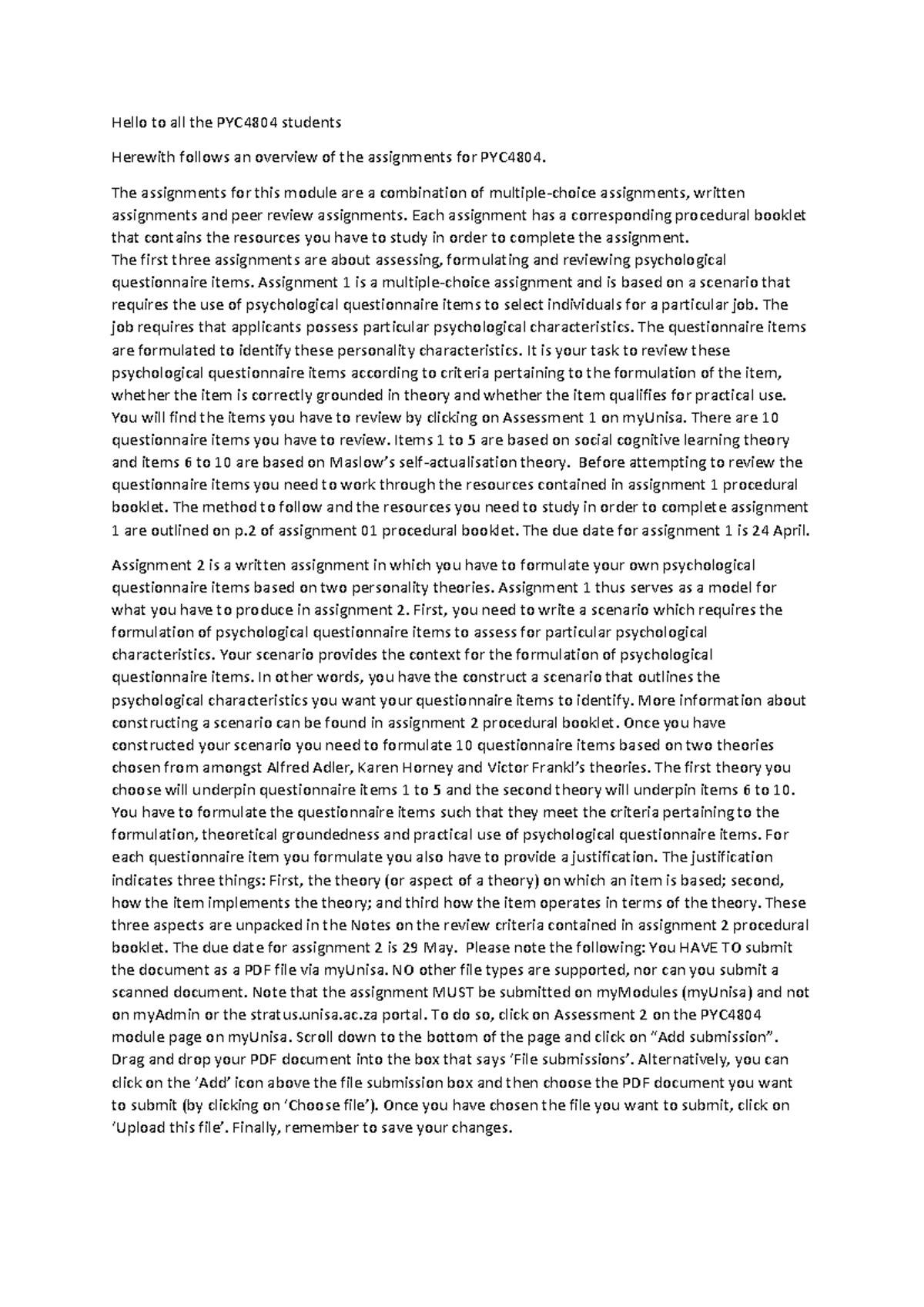 Assignments overview 2024 - Hello to all the PYC4804 students Herewith ...