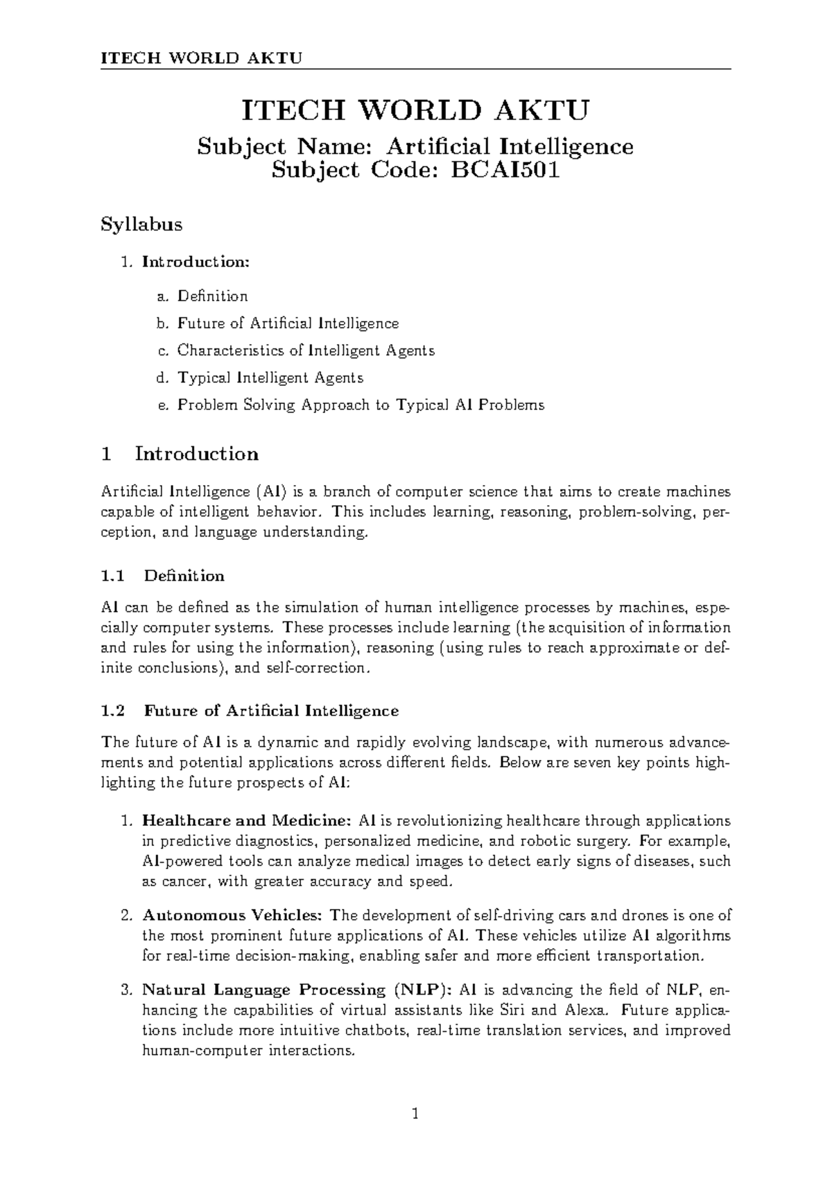 Unit 1 - hi jhgkjhgjhlgjhkg - ITECH WORLD AKTU Subject Name: Artificial Intelligence Subject ...