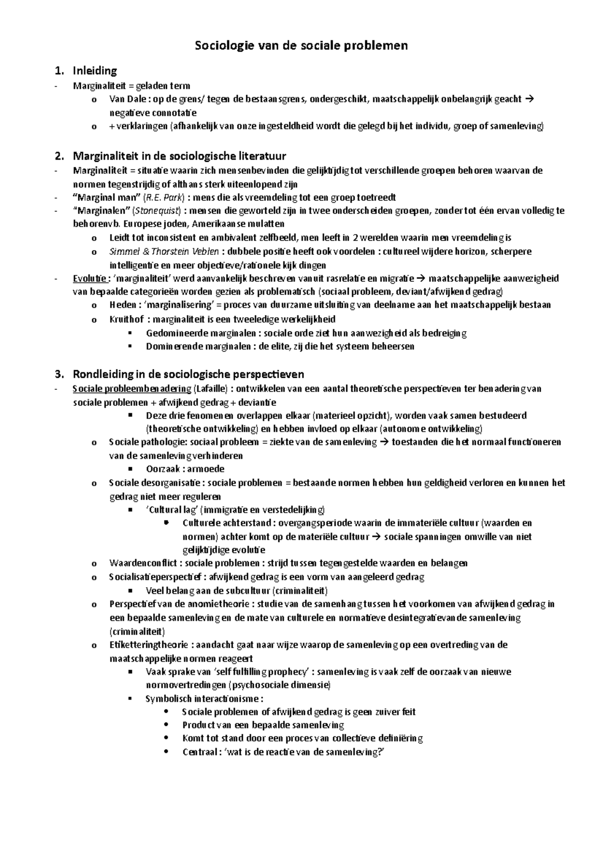 Samenvatting sociale problemen - Sociologie van de sociale problemen 1. Inleiding Marginaliteit ...