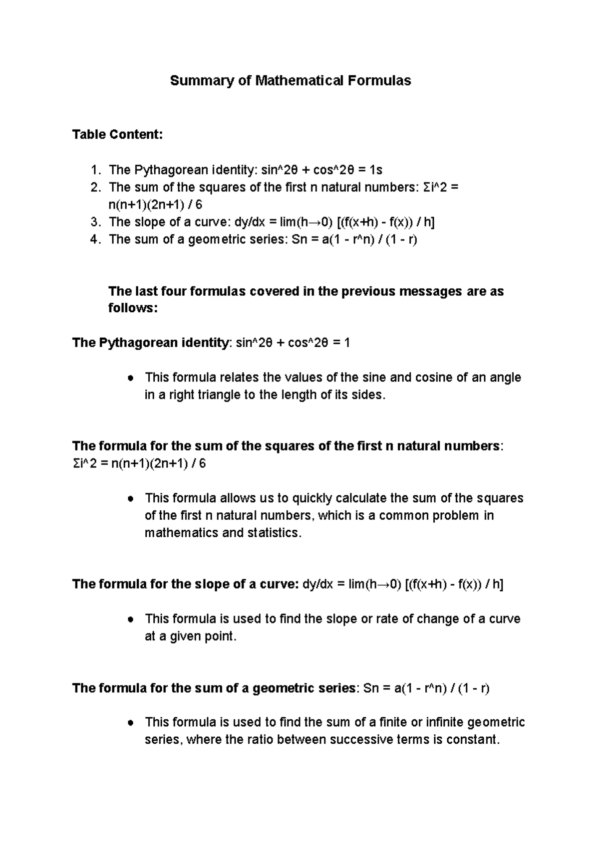 Summary of Extra, mathematical formulas - Summary of Mathematical ...