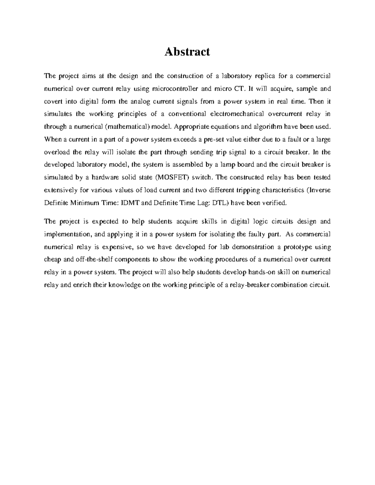 Electrical Power System protection - Abstract The project aims at the ...