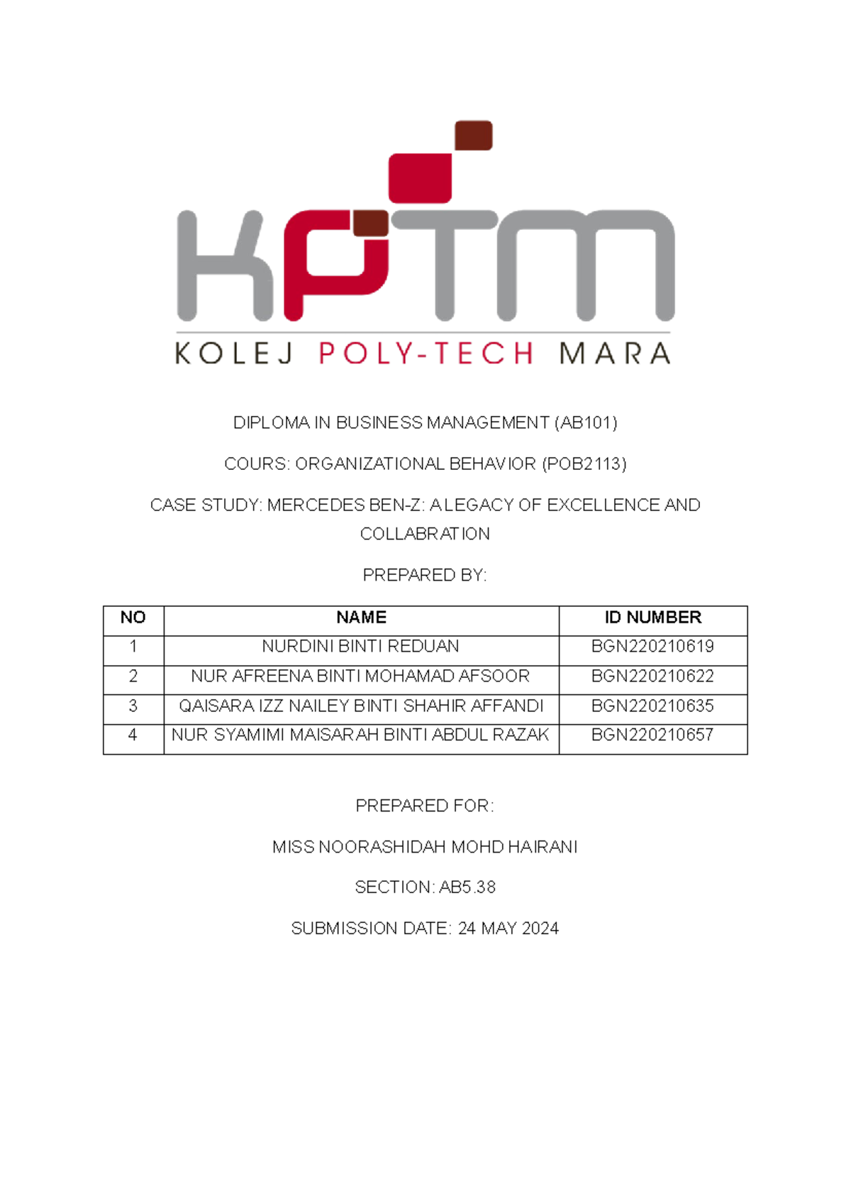 Pob cover page - assignment - organizational behavior - DIPLOMA IN ...