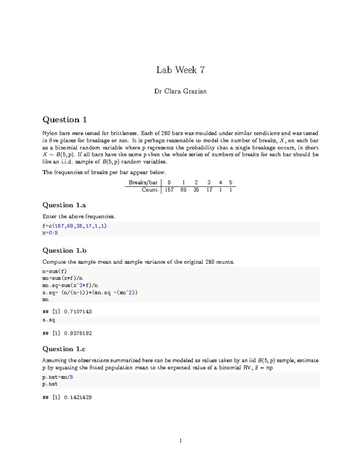 Comp07sol - good to use - Lab Week 7 Dr Clara Grazian Question 1 Nylon ...
