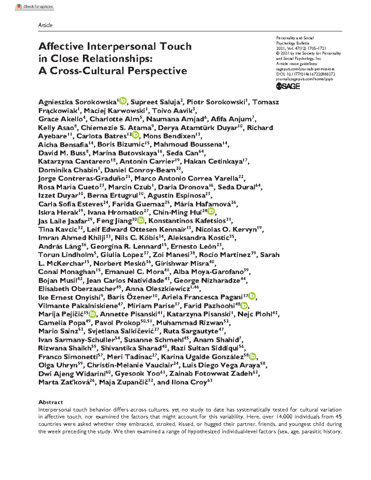 Affective Interpersonal Touch in Close R - doi/10.1177/ Personality and ...