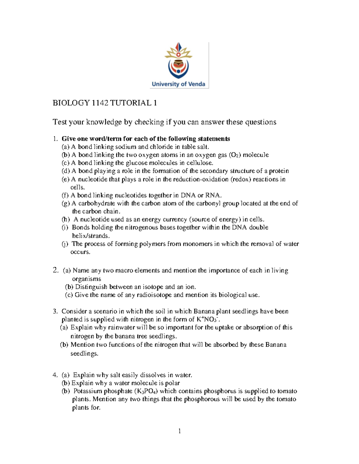 2024 BIO 1142 Tutorial 1 - 1 BIOLOGY 1 1 42 TUTORIAL 1 Test your ...