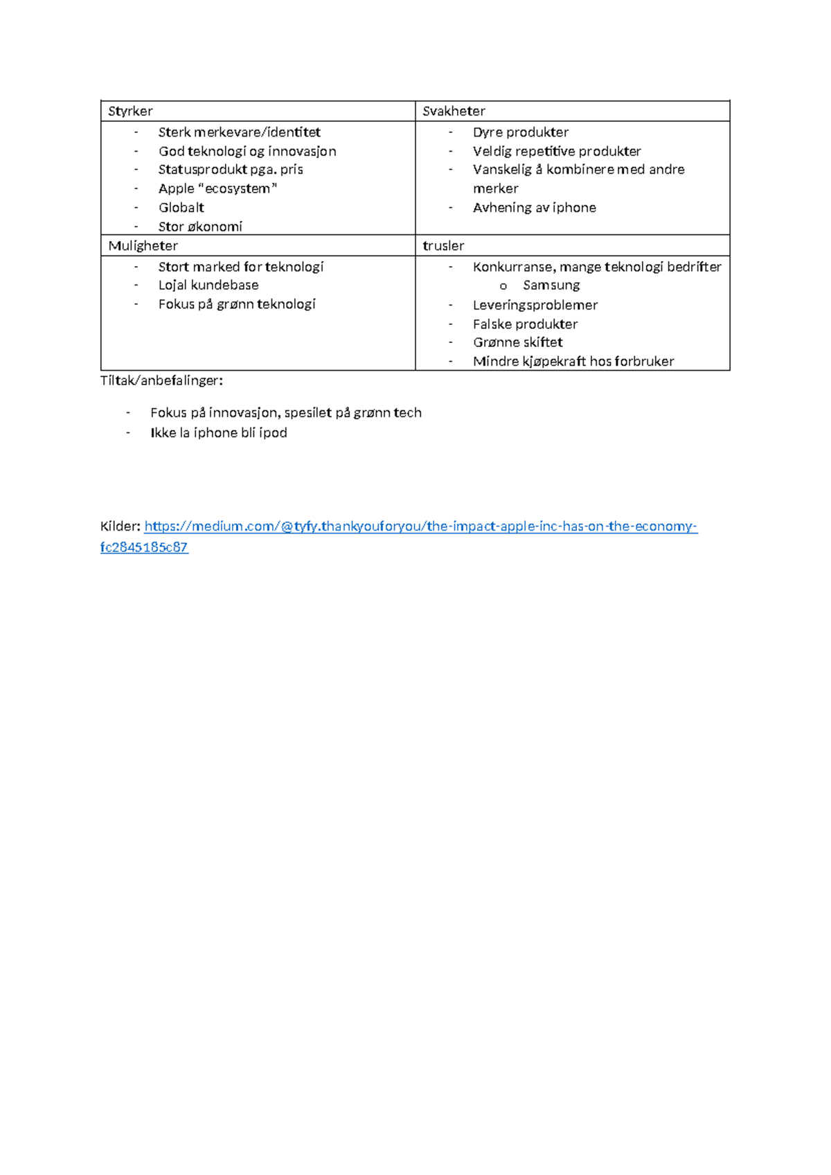 SWOT appel MAL - SWOT analyse - Styrker Svakheter - Sterk merkevare/identitet - God teknologi og ...