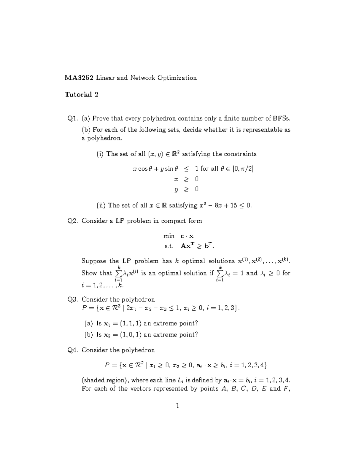 MA3252 Tutorial 2 - MA3252Linear and Network Optimization Tutorial 2 Q1 ...