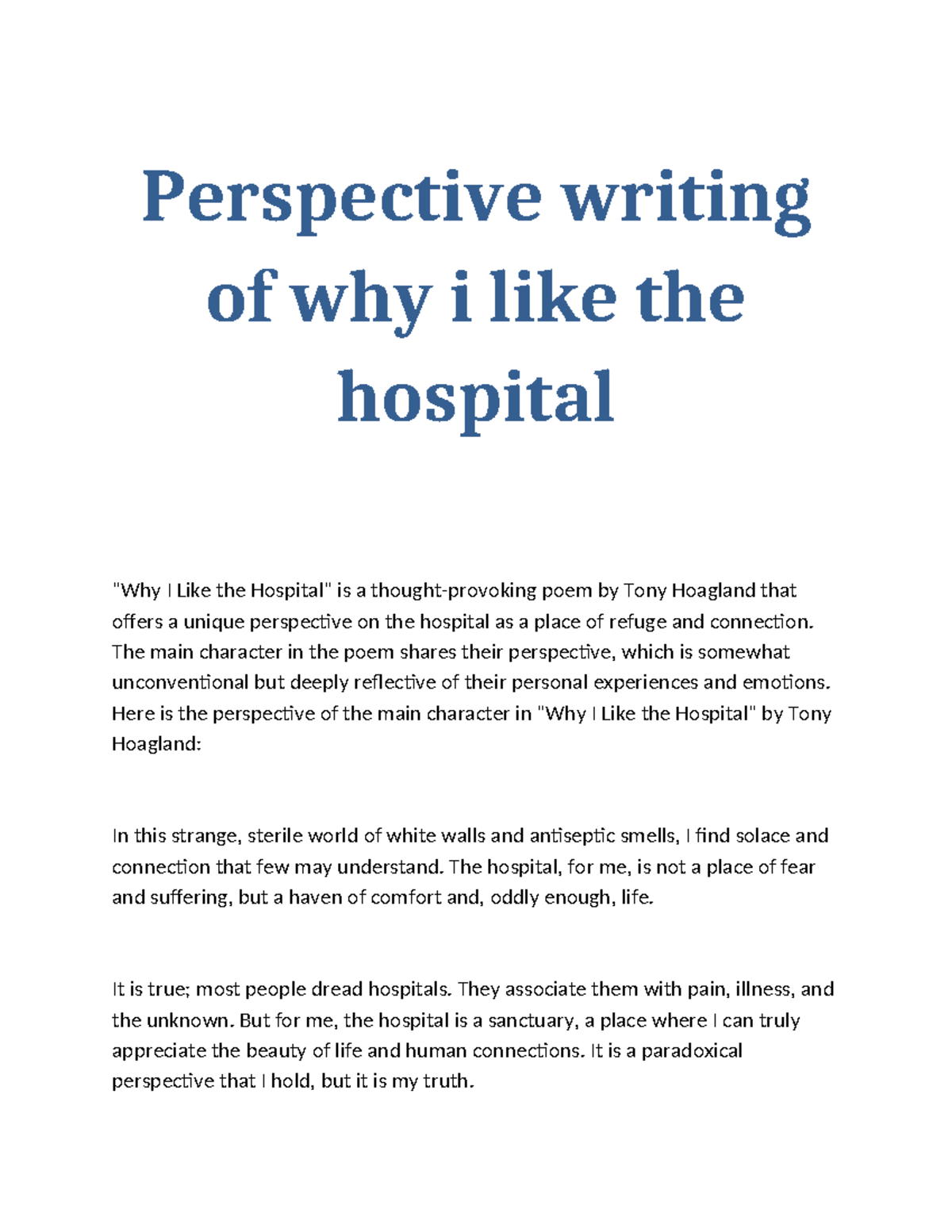 Eng2023 - Perspective writing of why i like the hospital "Why I Like ...