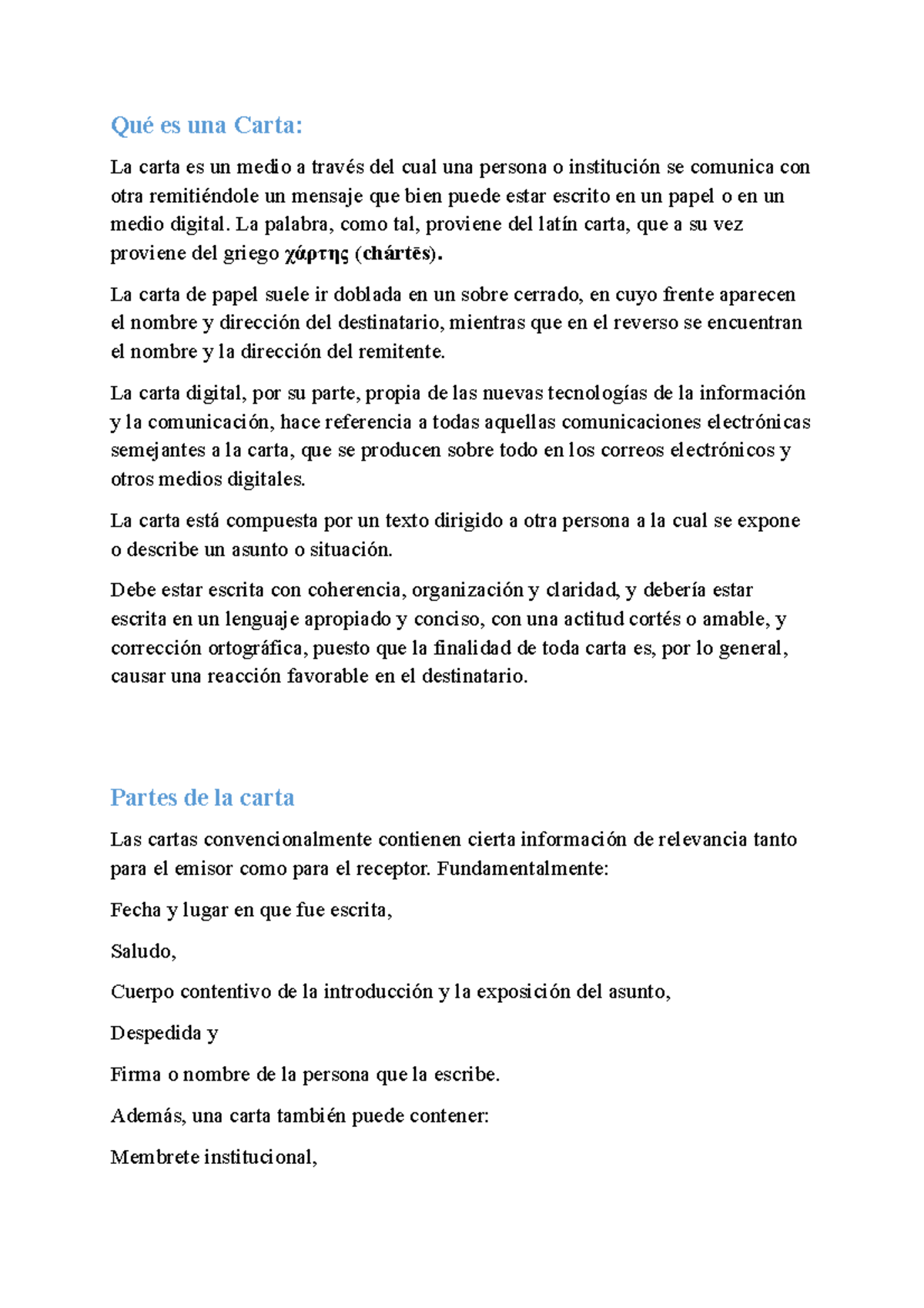 Cours - Qué es una Carta: La carta es un medio a través del cual una ...