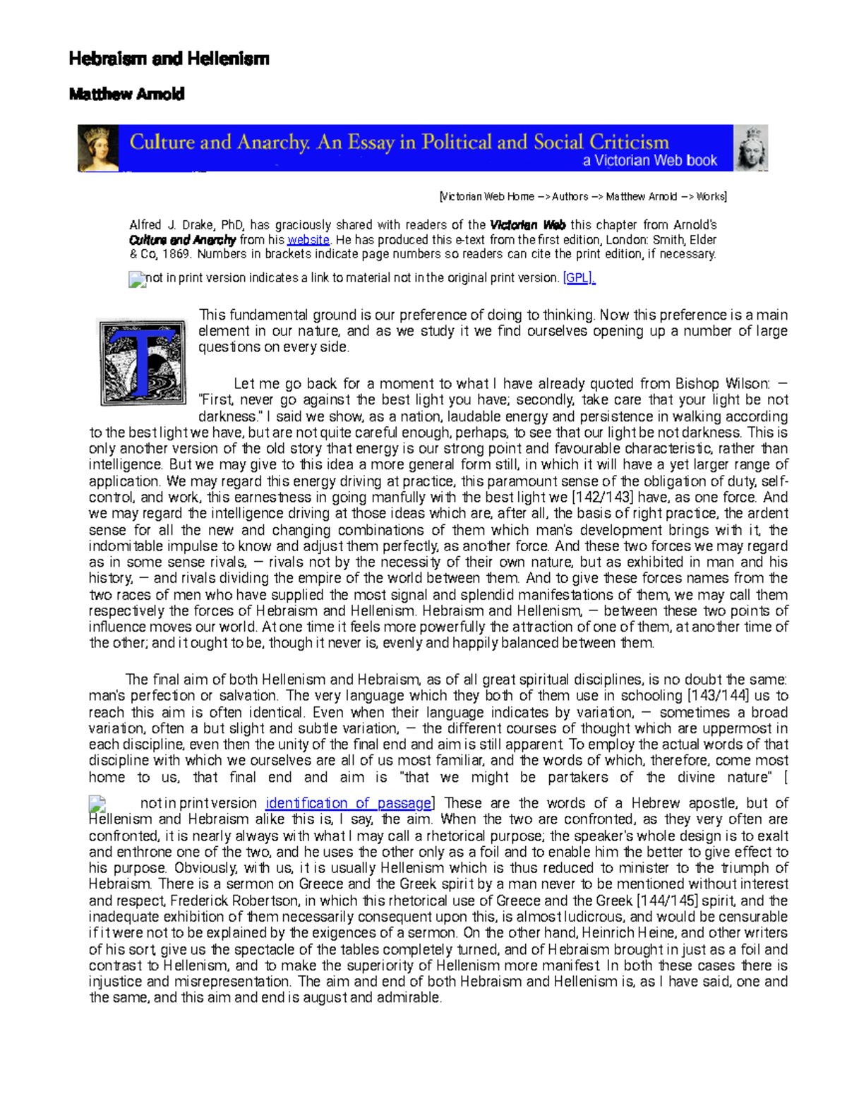Hebraism and Hellenism - Hebraism and Hellenism Matthew Arnold ...