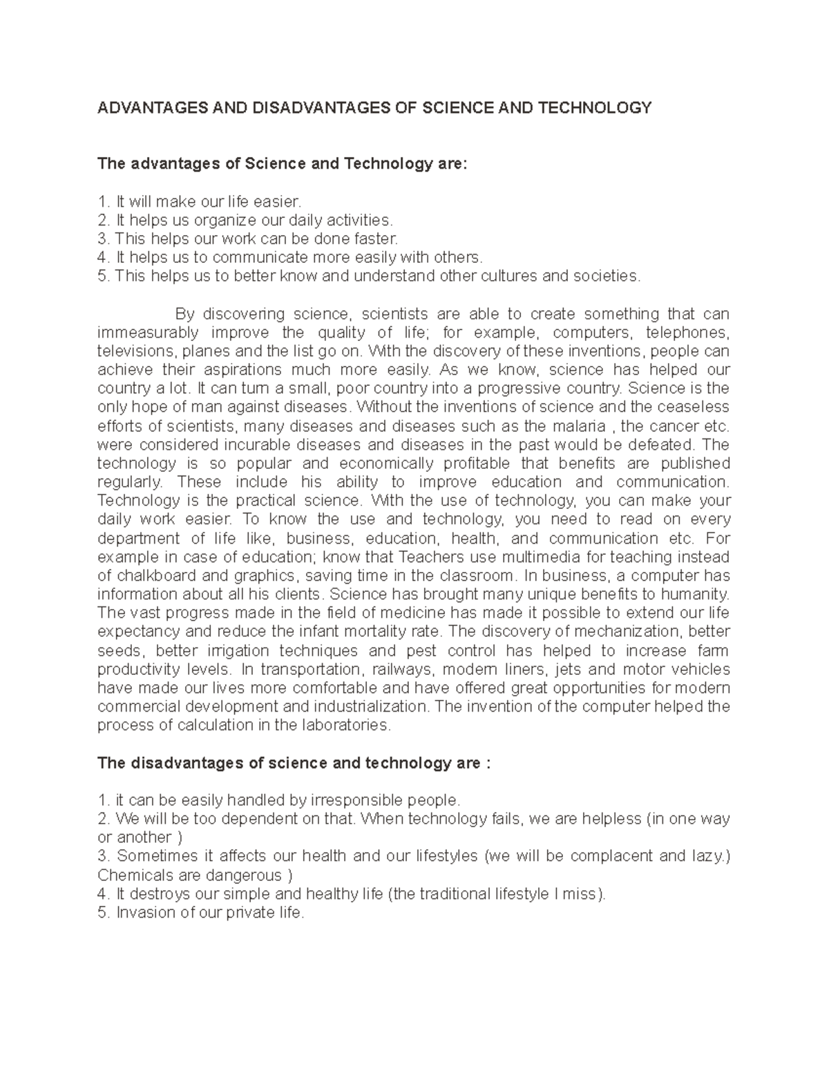 Advantages AND Disadvantages OF Science AND Technology - ADVANTAGES AND ...